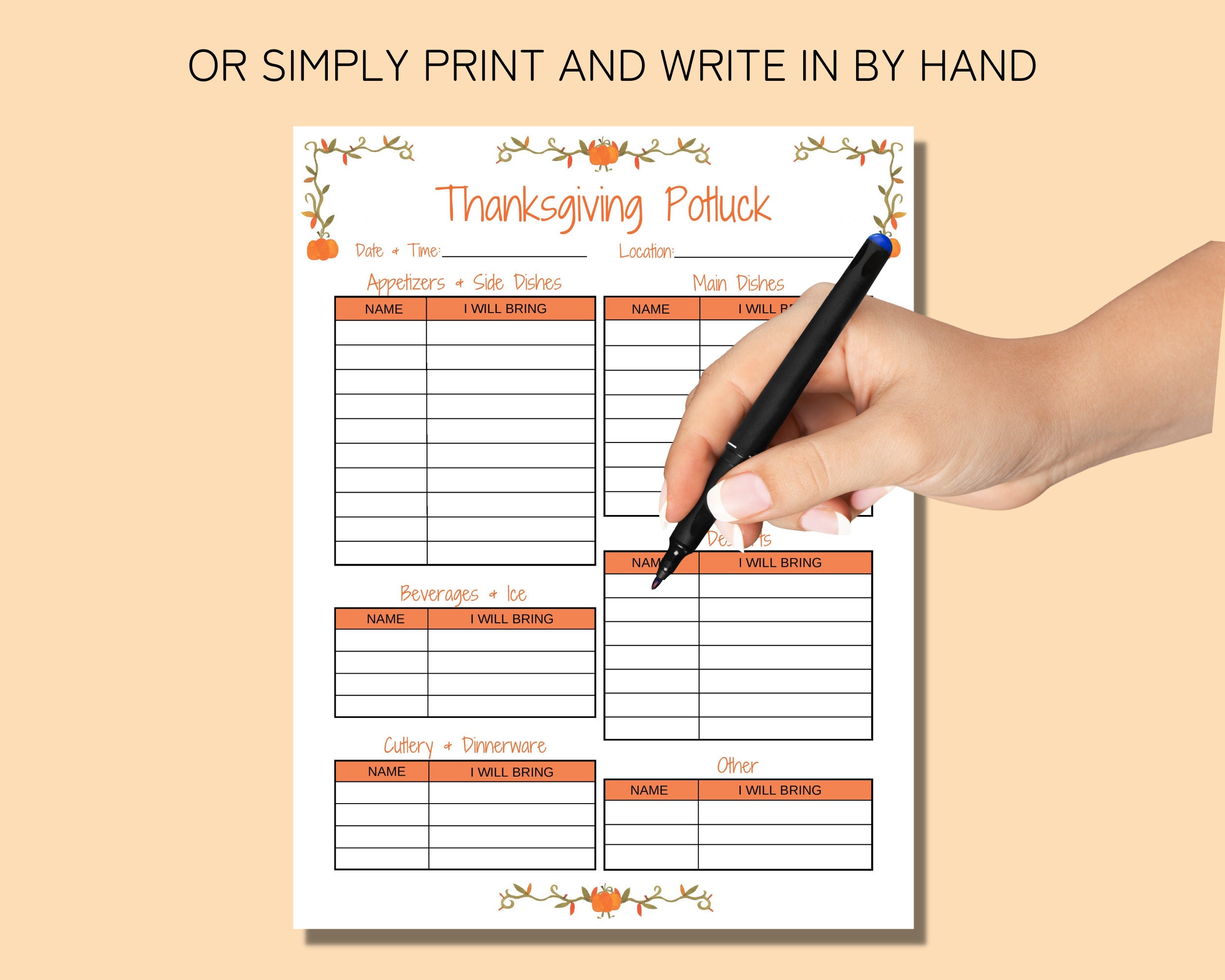 Thanksgiving Potluck Sign up Sheet Printable, Food Sign up Sheet ...