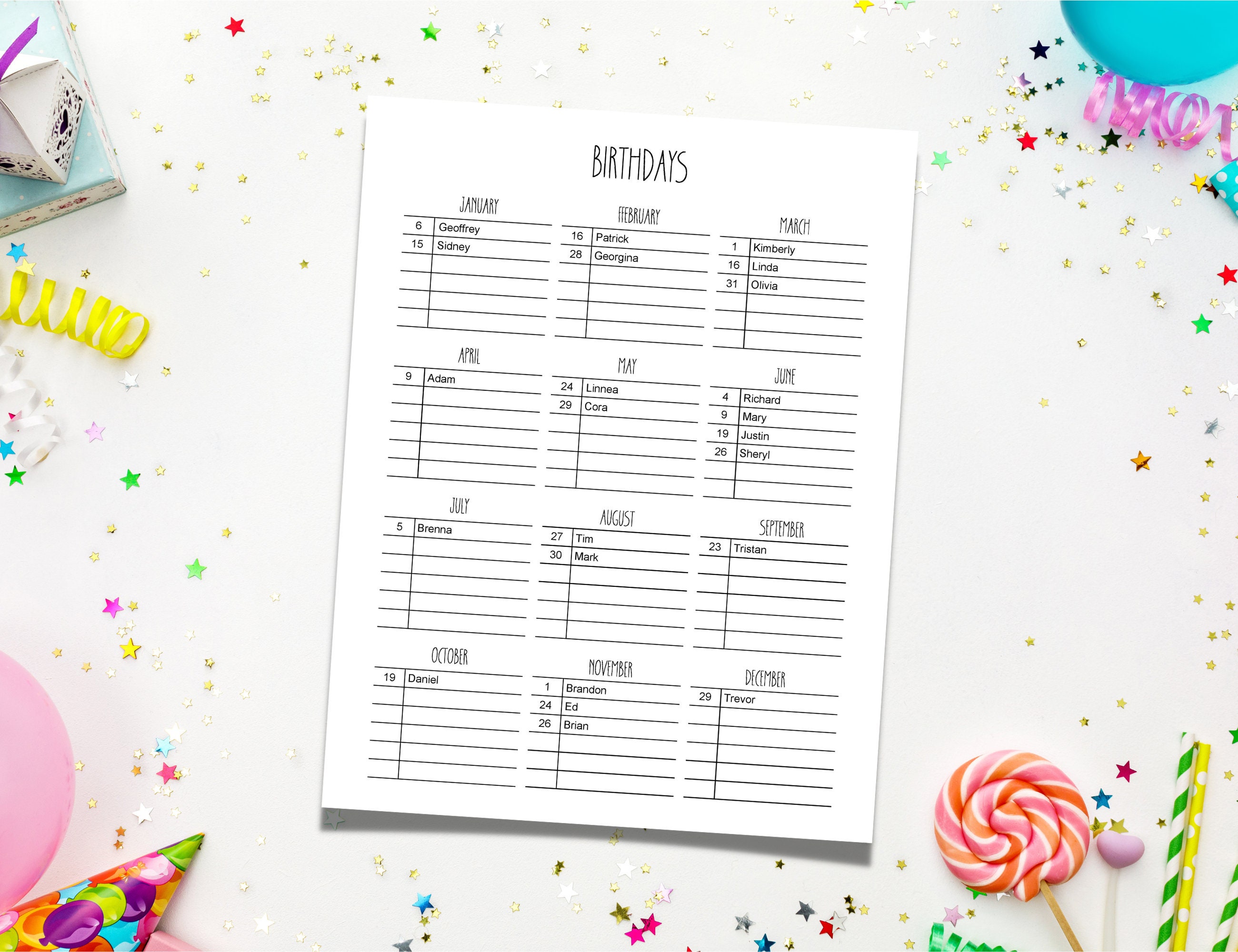 Birthday Tracker Printable Birthday Calendar Editable PDF - Etsy