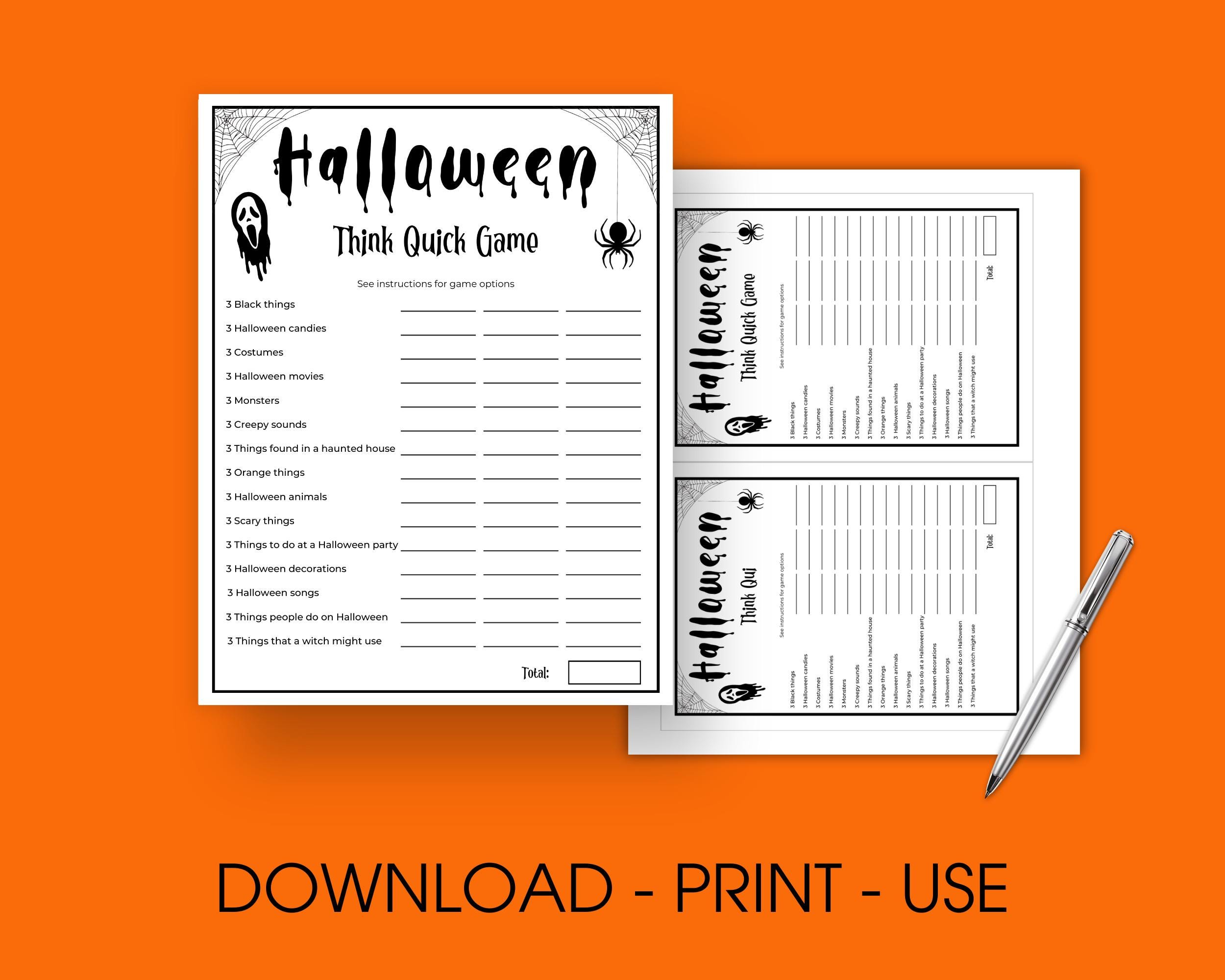 Halloween Think Quick Game, Printable Halloween Game for Kids, Teens ...