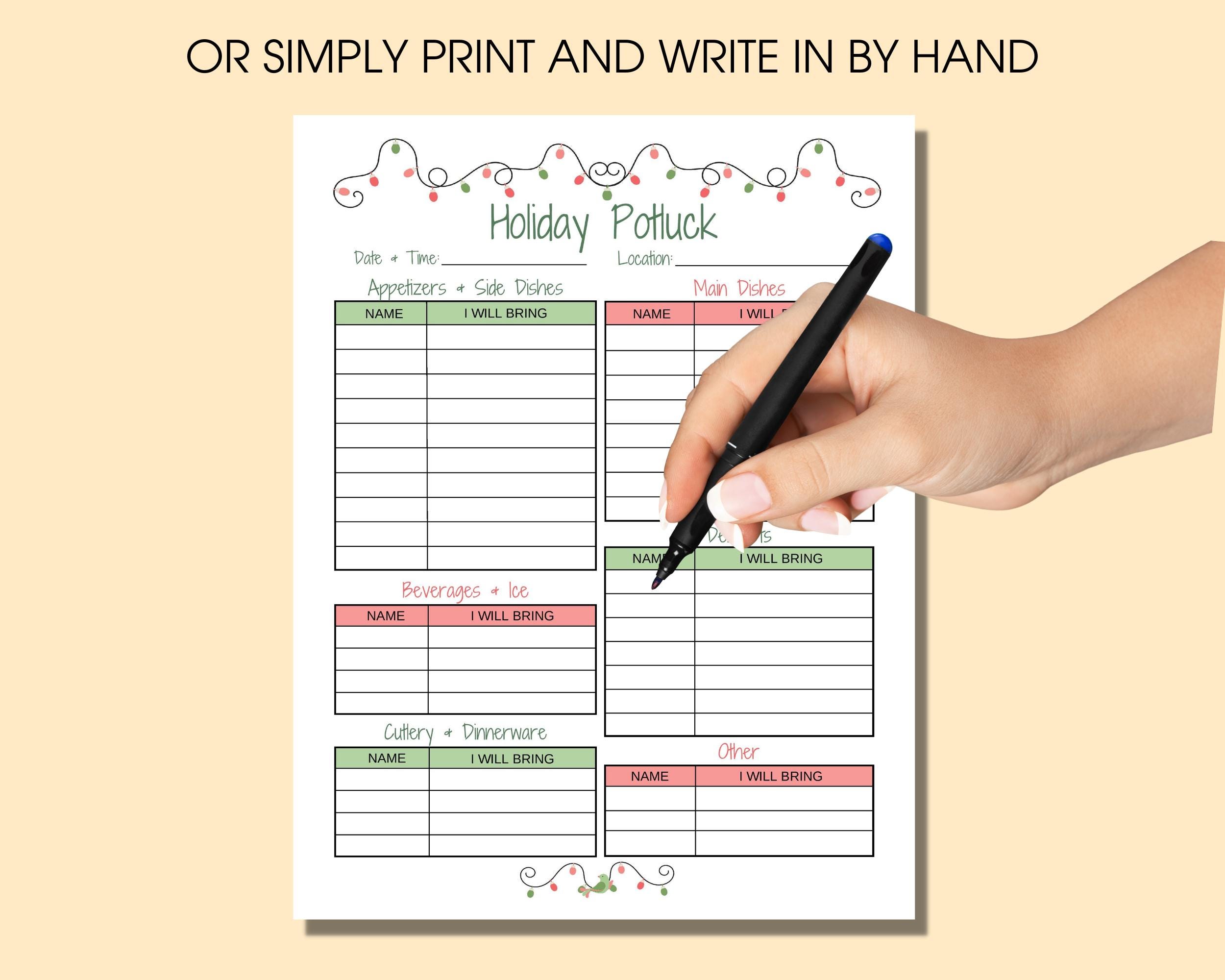 Christmas Potluck Sign up Sheet Printable, Food Sign up Sheet ...