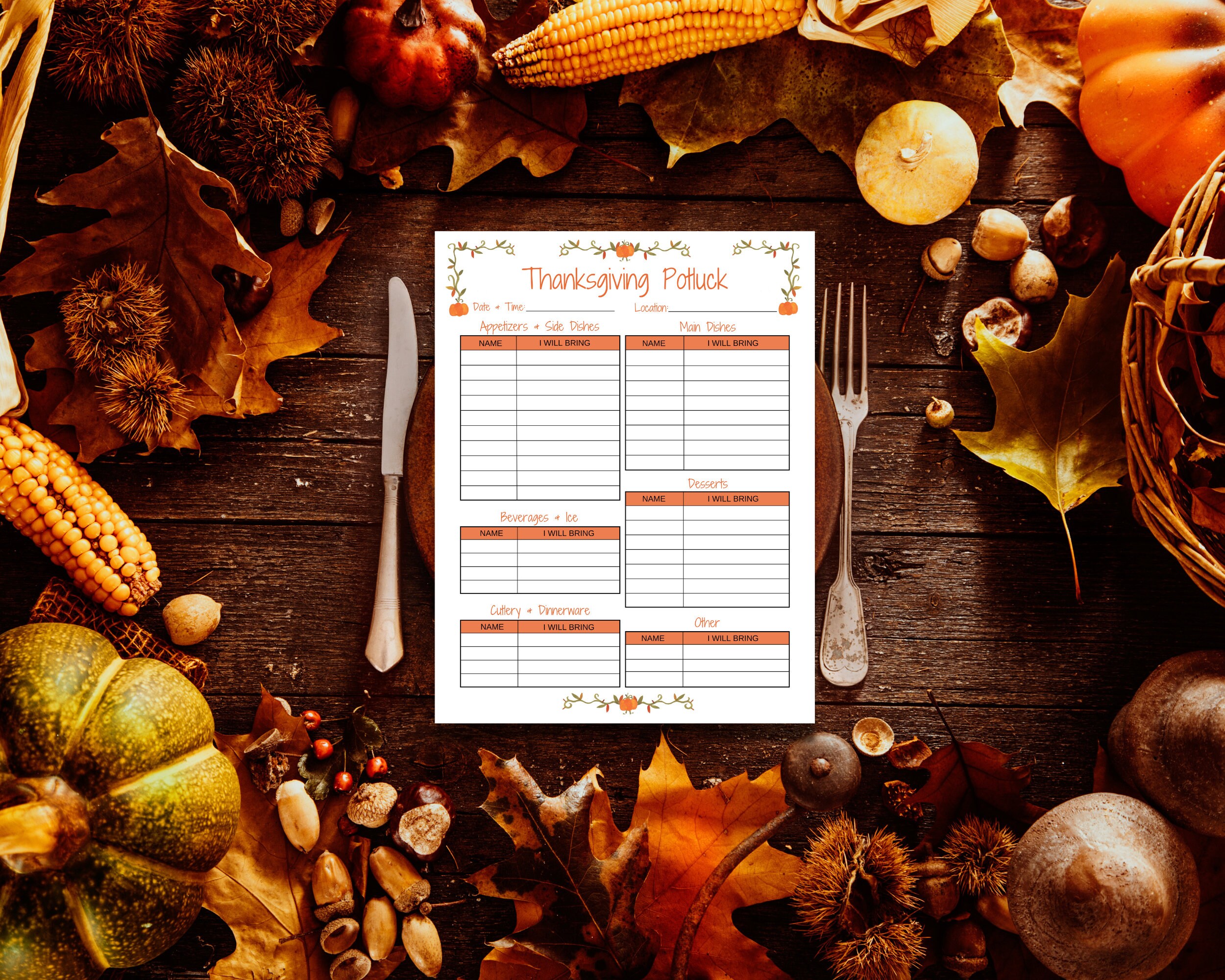 Thanksgiving Potluck Sign up Sheet Printable, Food Sign up Sheet ...