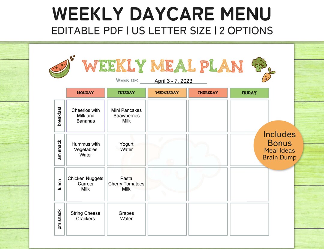 Editable Weekly Daycare Menu and Meal Planner for Preschool - Etsy