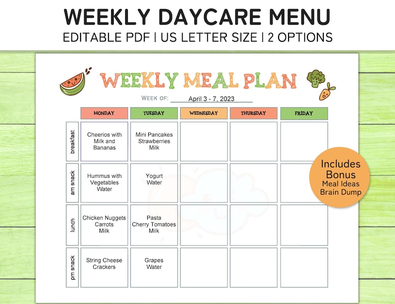 Editable Weekly Daycare Menu and Meal Planner for Preschool - Etsy
