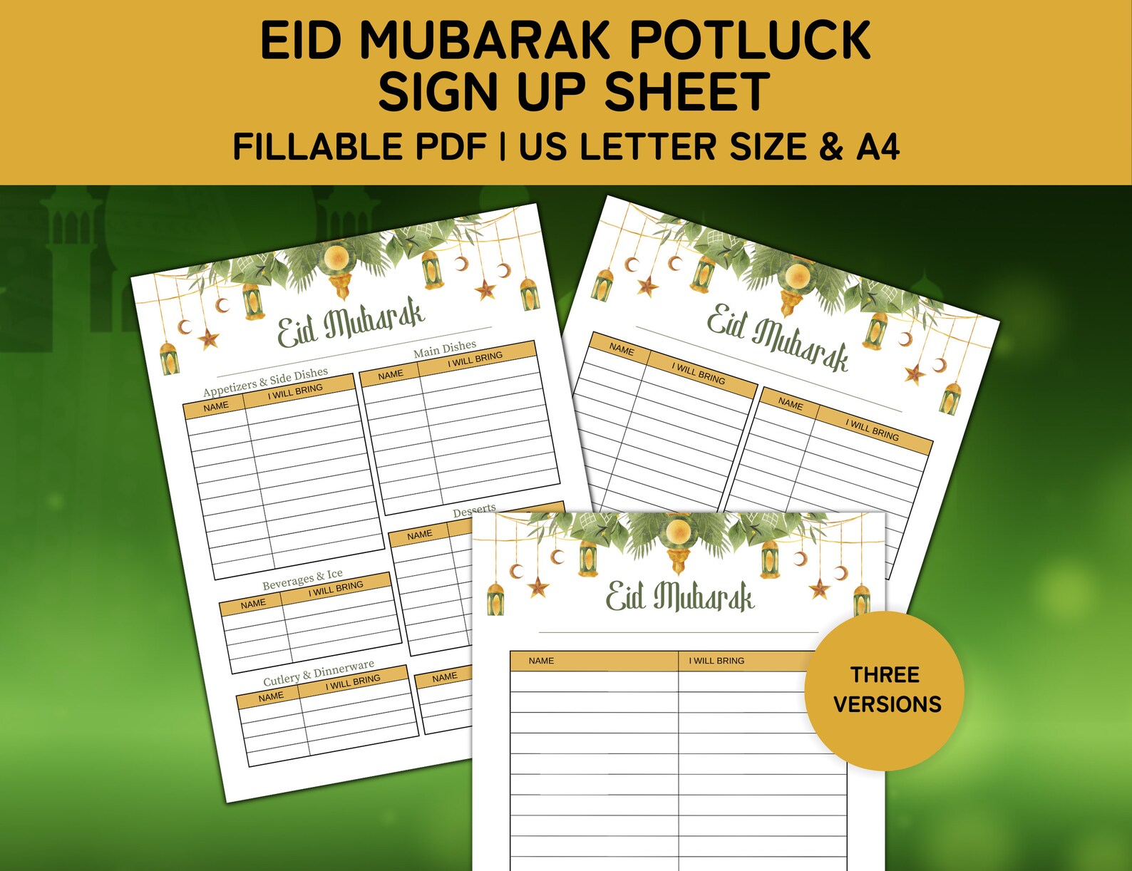 Eid Mubarak Potluck Sign up Sheet Printable, Food Sign up Sheet ...