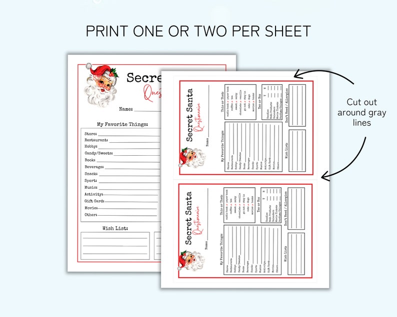 Secret Santa Questionnaire, Printable Questionnaire for Coworkers ...