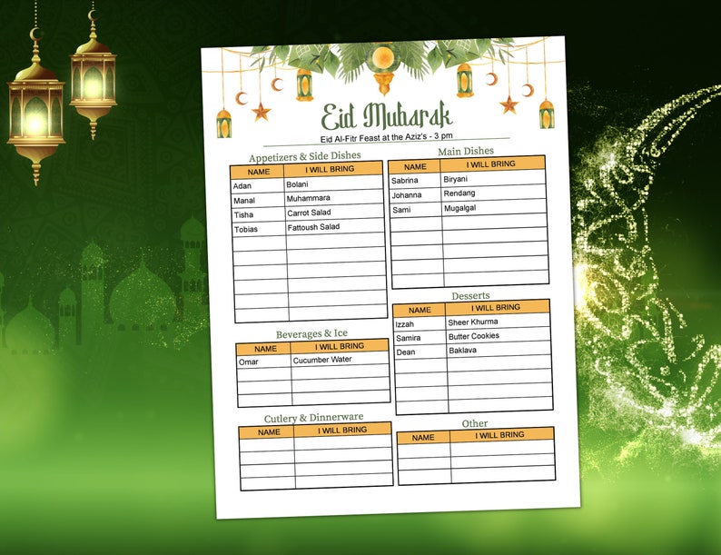 Eid Mubarak Potluck Sign up Sheet Printable, Food Sign up Sheet ...