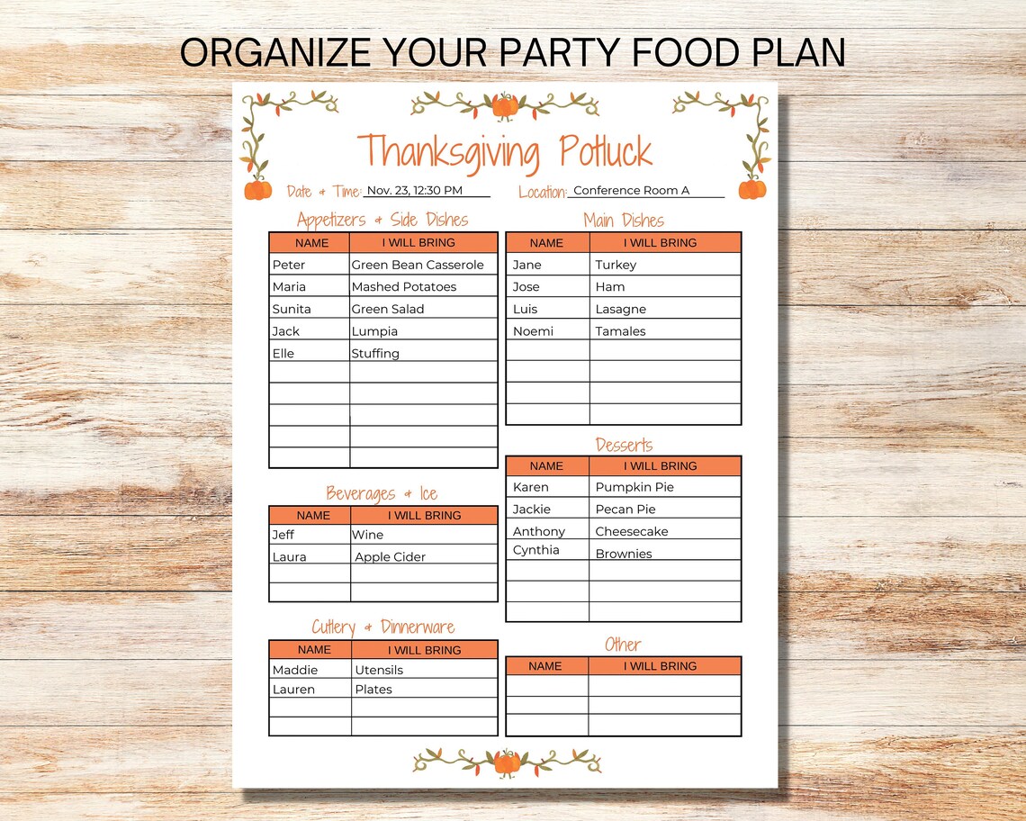 Thanksgiving Potluck Sign up Sheet Printable Food Sign up - Etsy