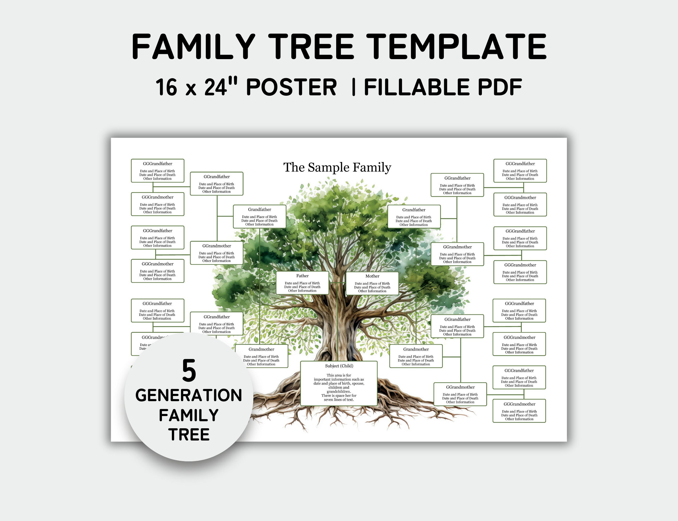 Family Tree Template 5 Generation, Family Tree Chart, 16x24" Poster ...