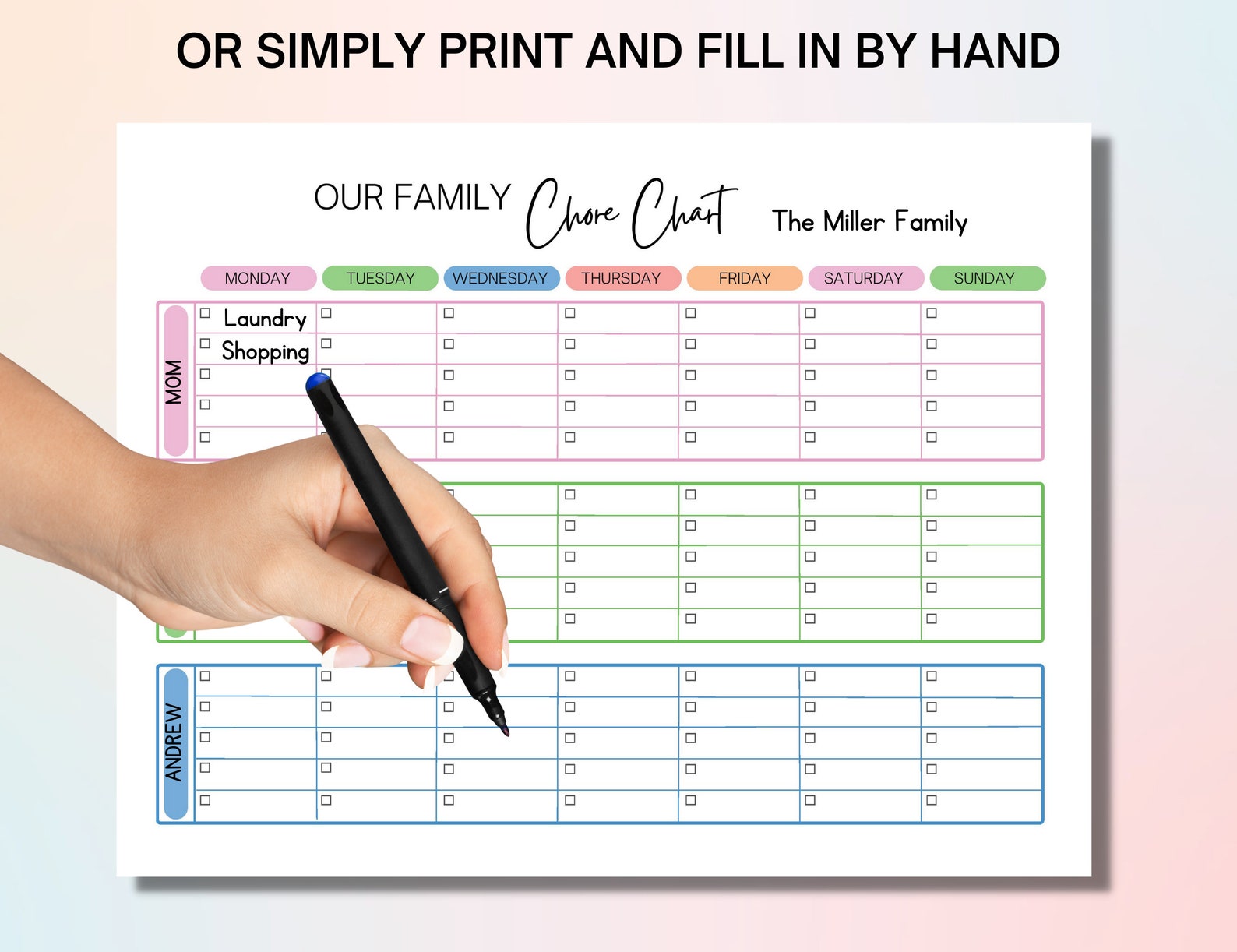 Editable Weekly Family Chore Chart for Kids and Adults, Printable ...