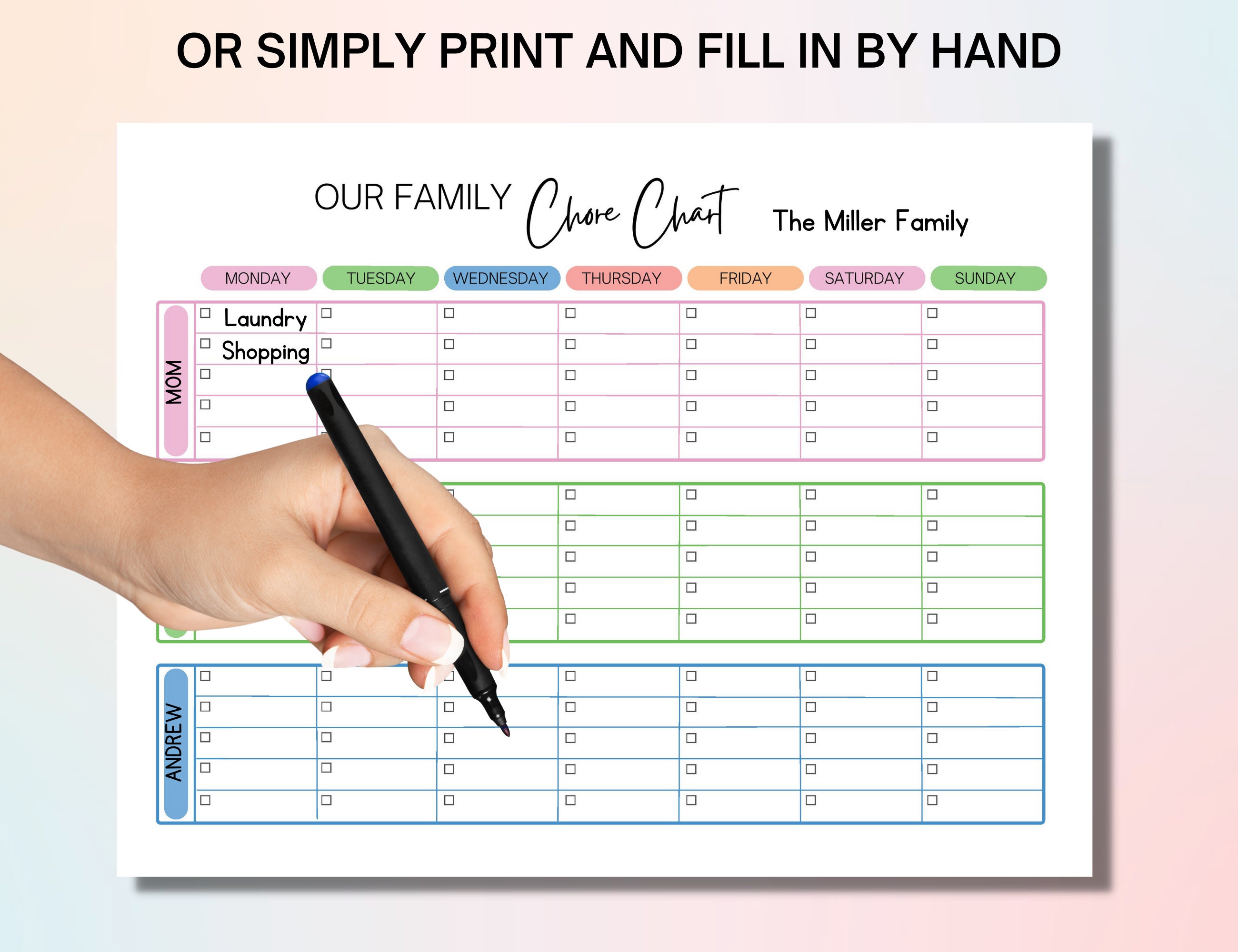 Editable Weekly Family Chore Chart for Kids and Adults, Printable ...