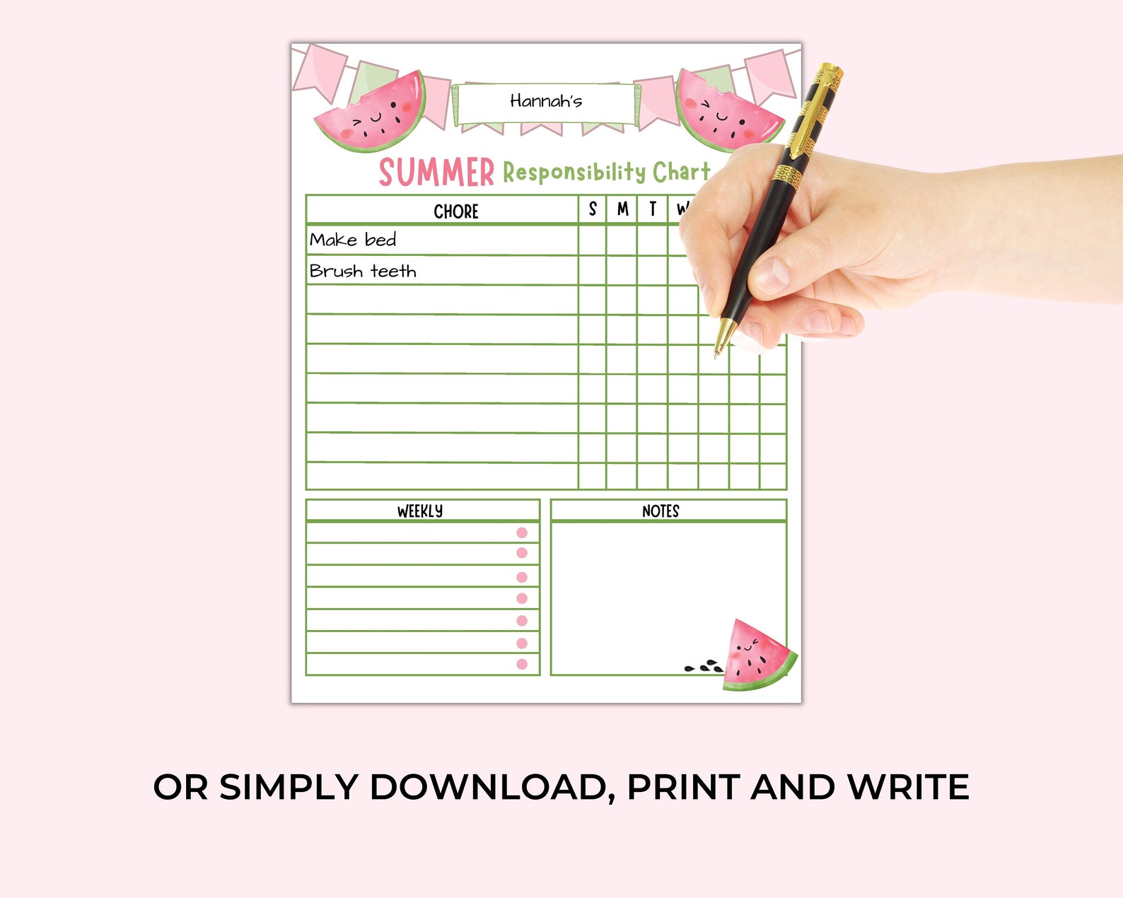 Summer Chore Chart for Kids, Printable Responsibility Chart, Reward ...