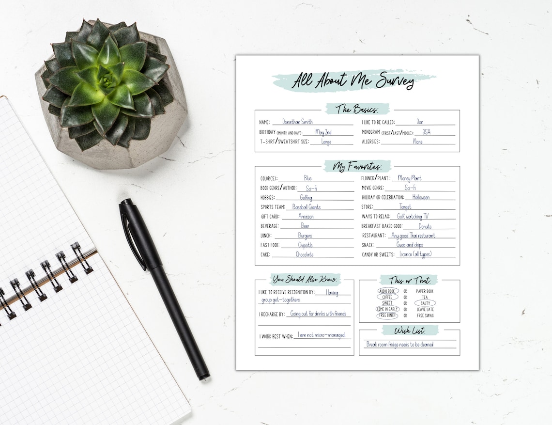Employee Favorite Things List Printable, All About Me Employee Survey ...