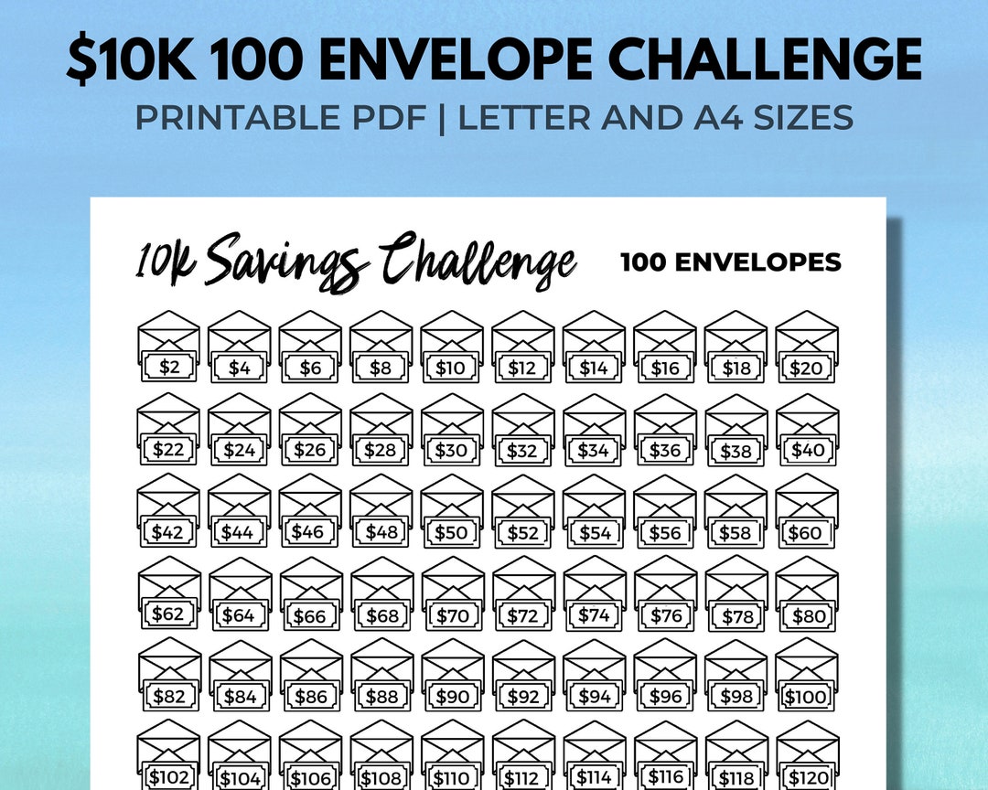 10K 100 Envelope Savings Challenge, Printable 10K Savings Tracker, PDF ...