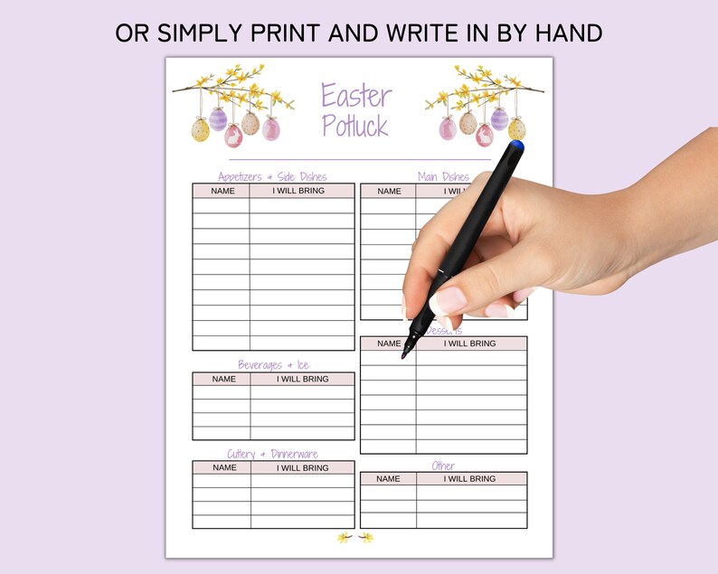 Easter Potluck Sign up Sheet Printable, Food Sign up Sheet, Easter ...