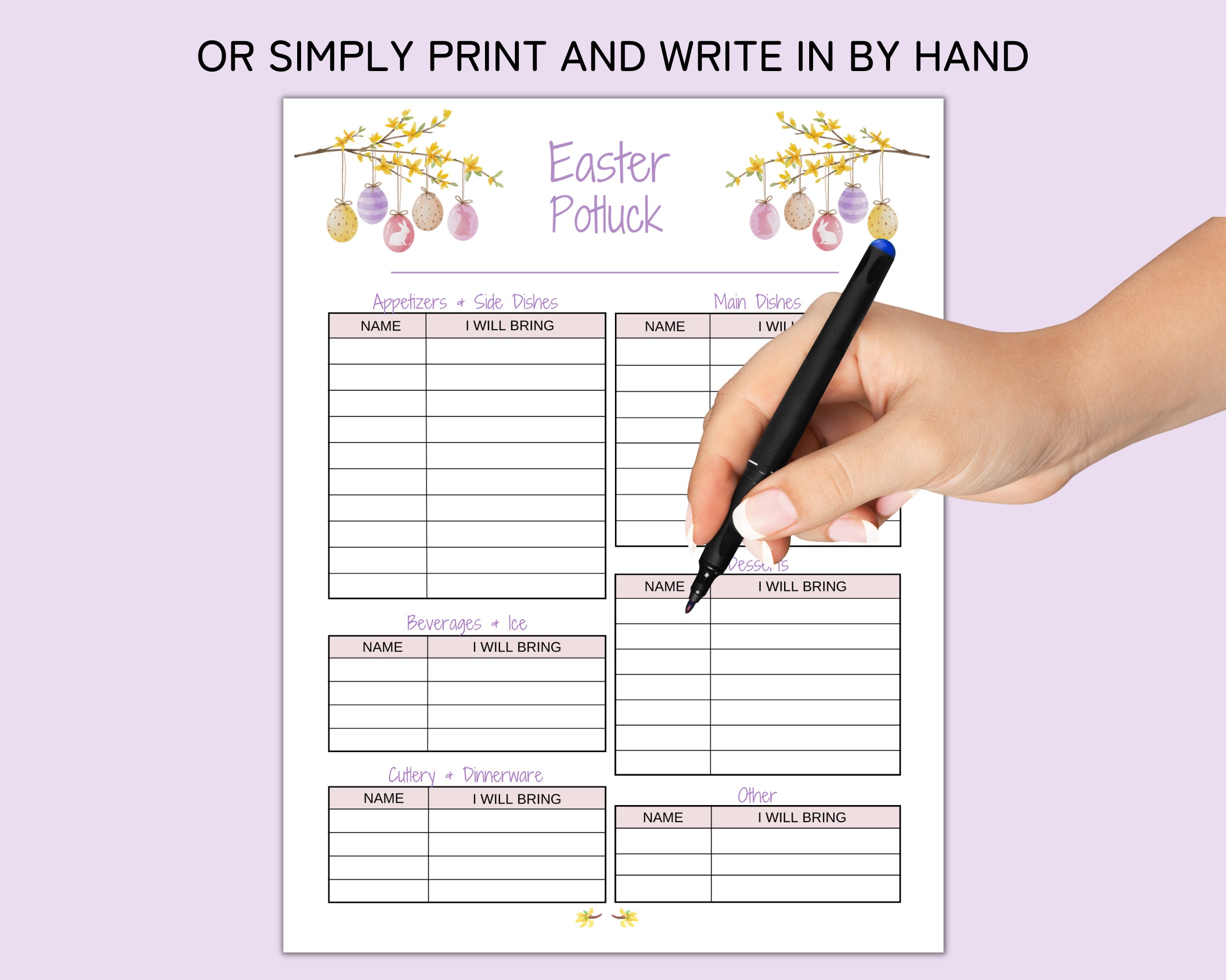 Easter Potluck Sign up Sheet Printable, Food Sign up Sheet, Easter ...