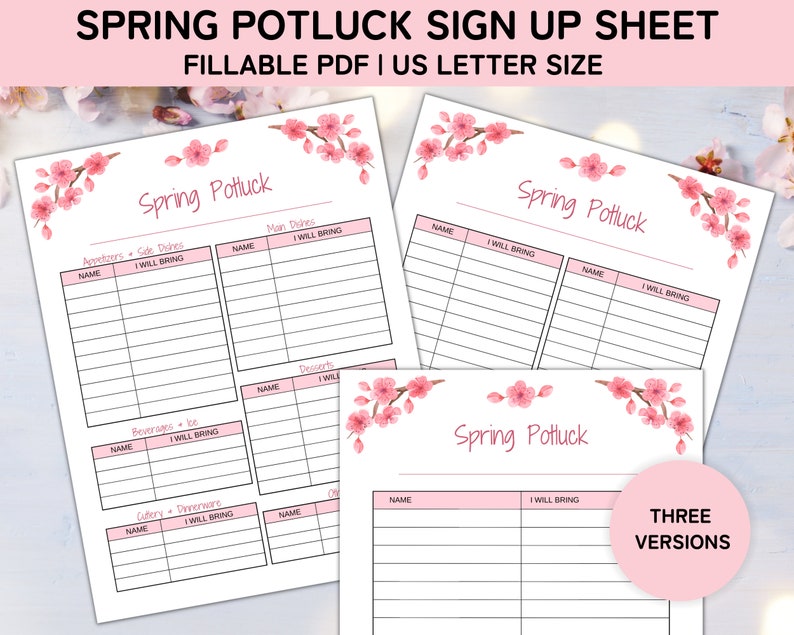 Spring Potluck Sign up Sheet Printable, Food Sign up Sheet, Spring ...