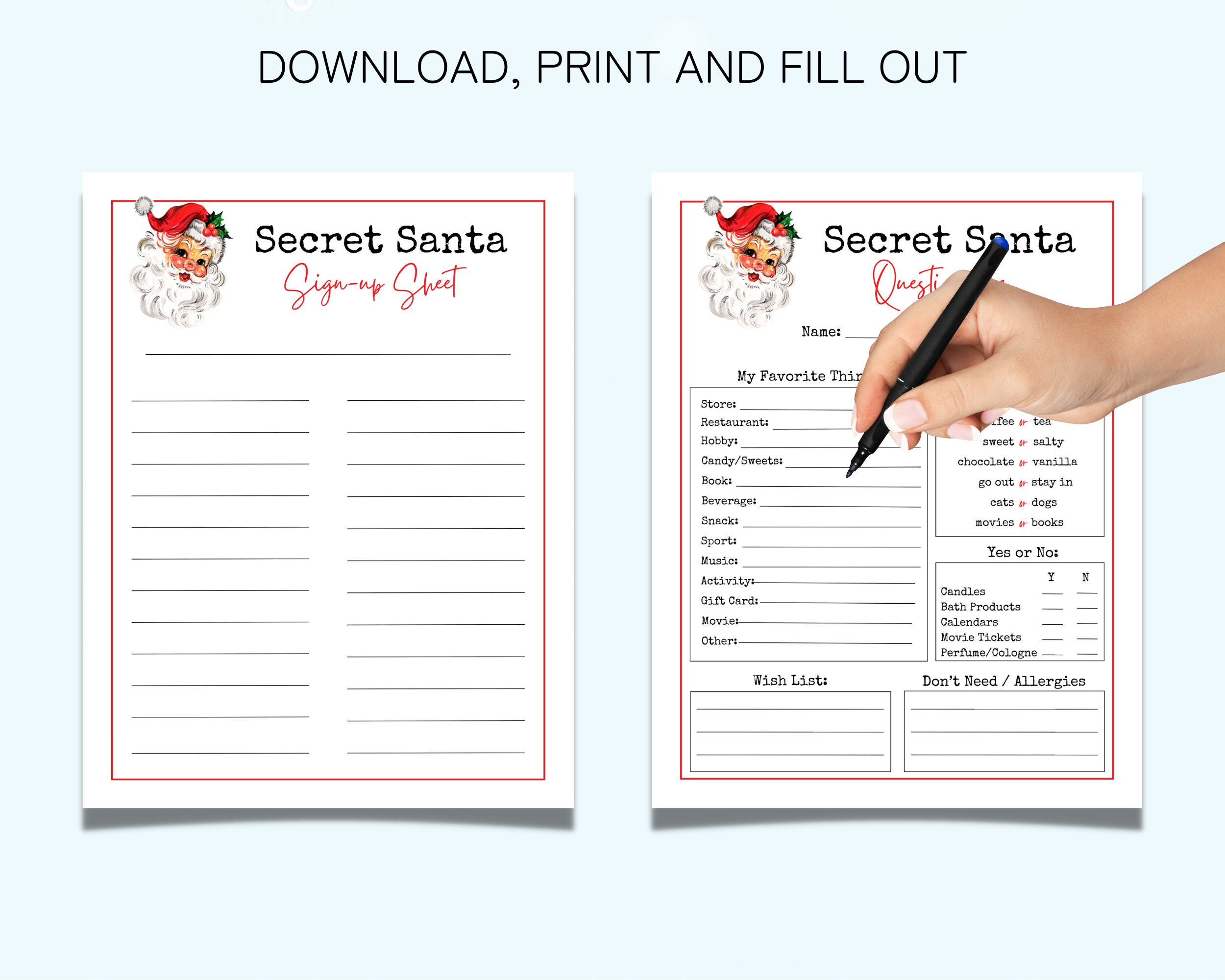 Secret Santa Questionnaire Bundle, Printable Secret Santa Gift Exchange ...