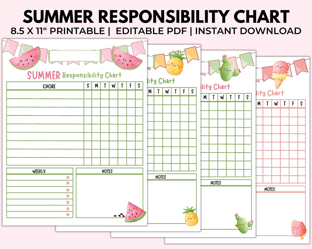 Summer Chore Chart for Kids, Printable Responsibility Chart, Reward ...