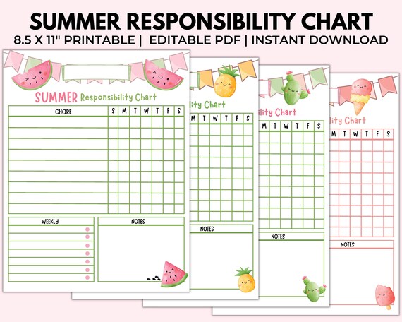 Summer Chore Chart for Kids Printable Responsibility Chart - Etsy