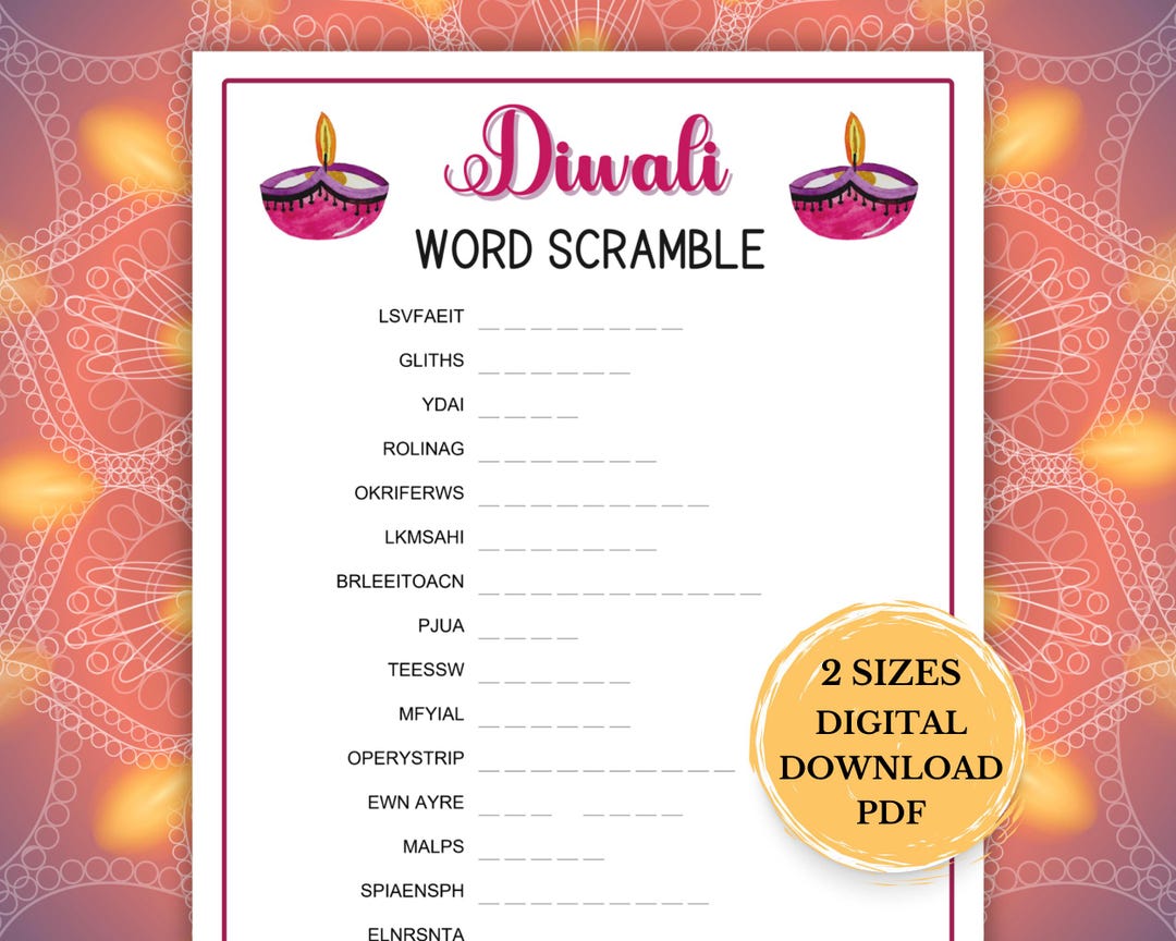 Diwali Word Scramble Game, Diwali Party, Festival of Lights, Printable ...