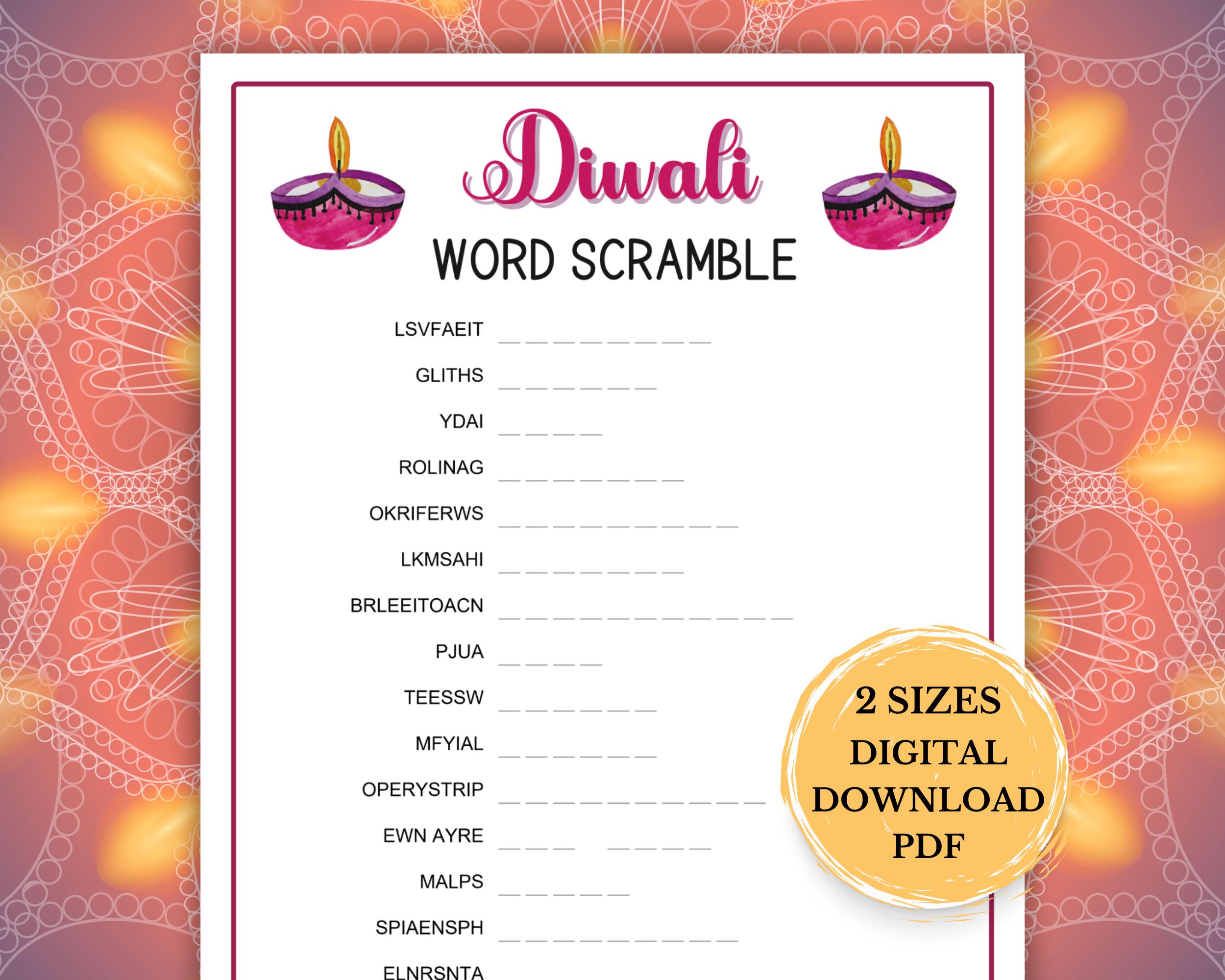 Diwali Word Scramble Game, Diwali Party, Festival of Lights, Printable ...