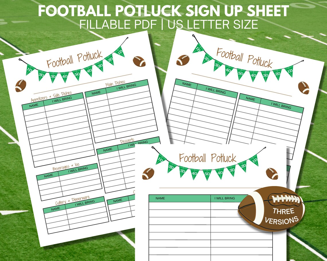 Football Party Potluck Sign up Sheet Printable, Food Sign up Sheet ...