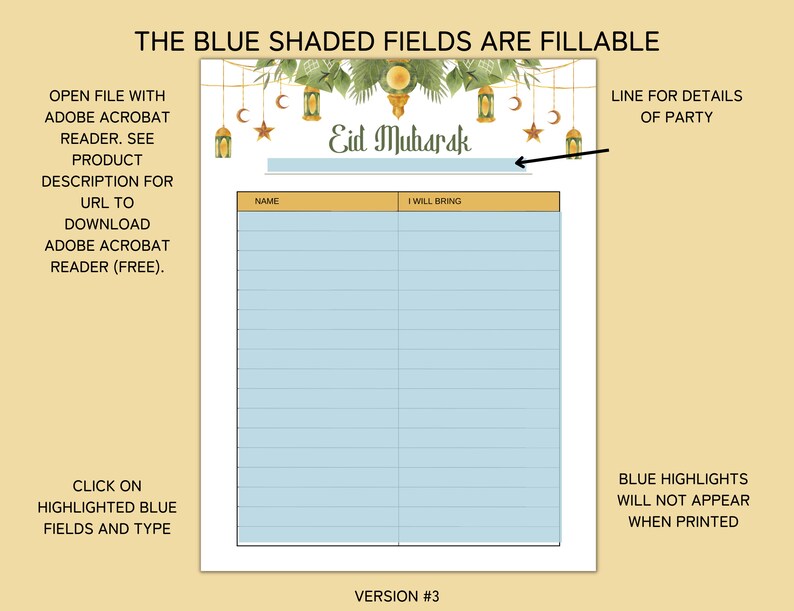 Eid Mubarak Potluck Sign up Sheet Printable, Food Sign up Sheet ...