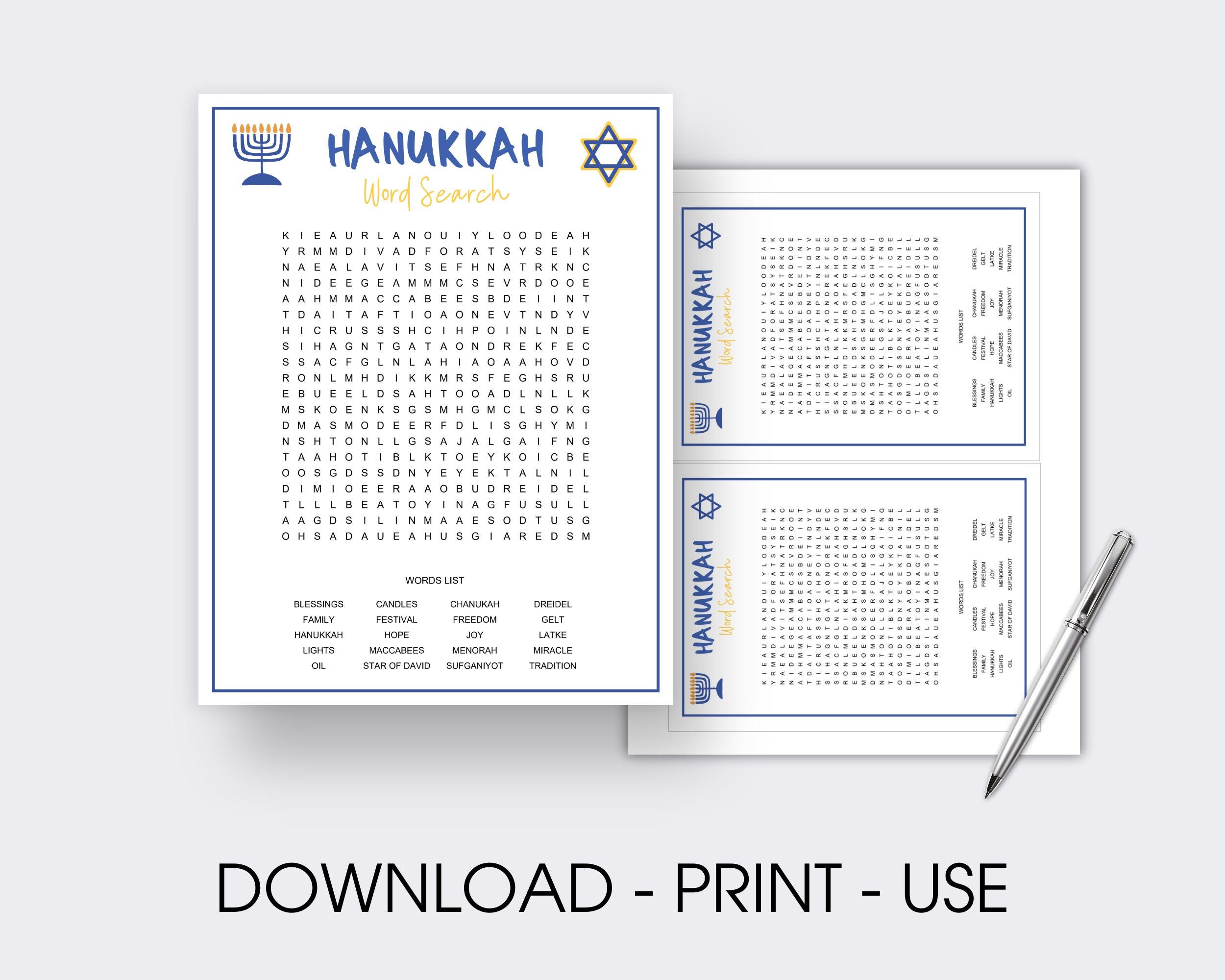 Hanukkah Word Search Game, Jewish Party, Hebrew Holiday Word Search ...
