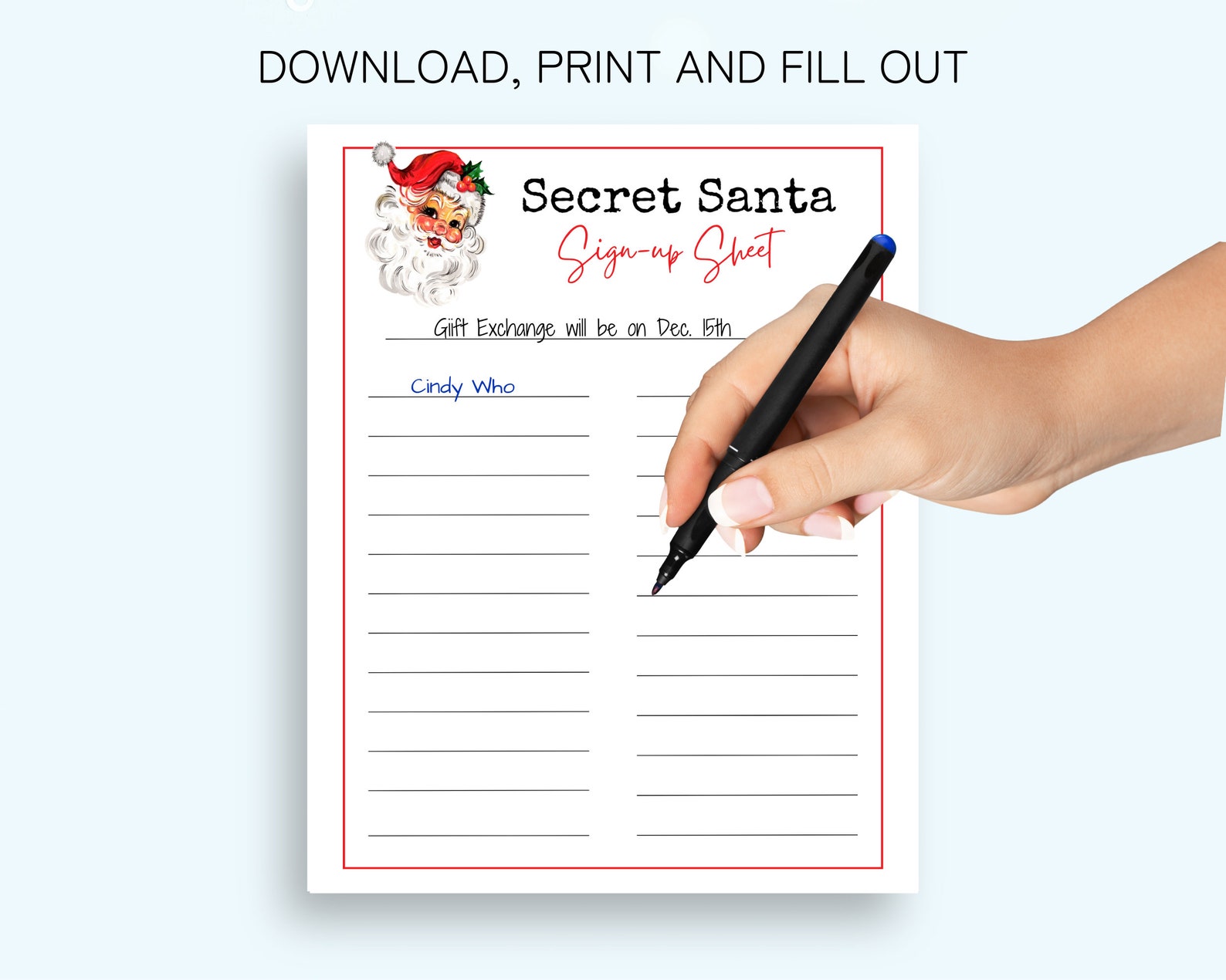 Secret Santa Sign up Sheet, Printable Secret Santa Gift Exchange ...