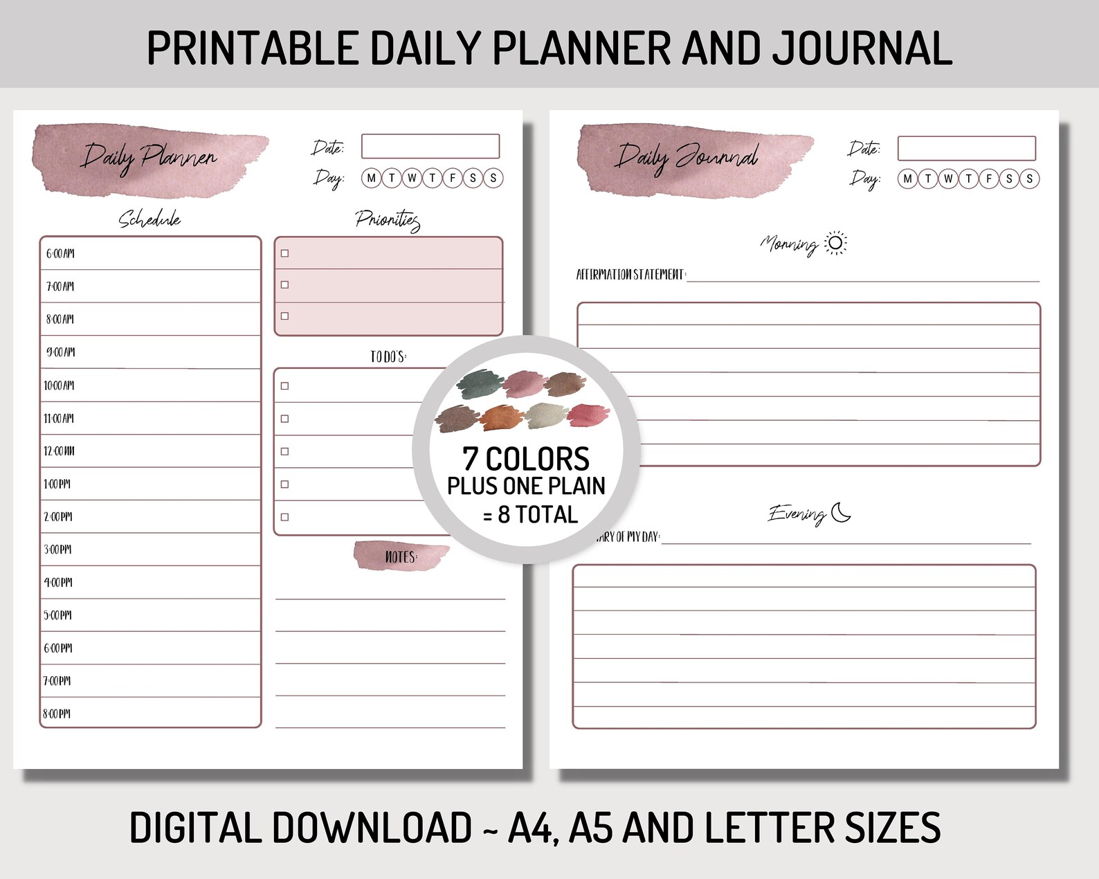 Daily Planner and AM/PM Journal, Printable, Daily to Do List, Daily ...