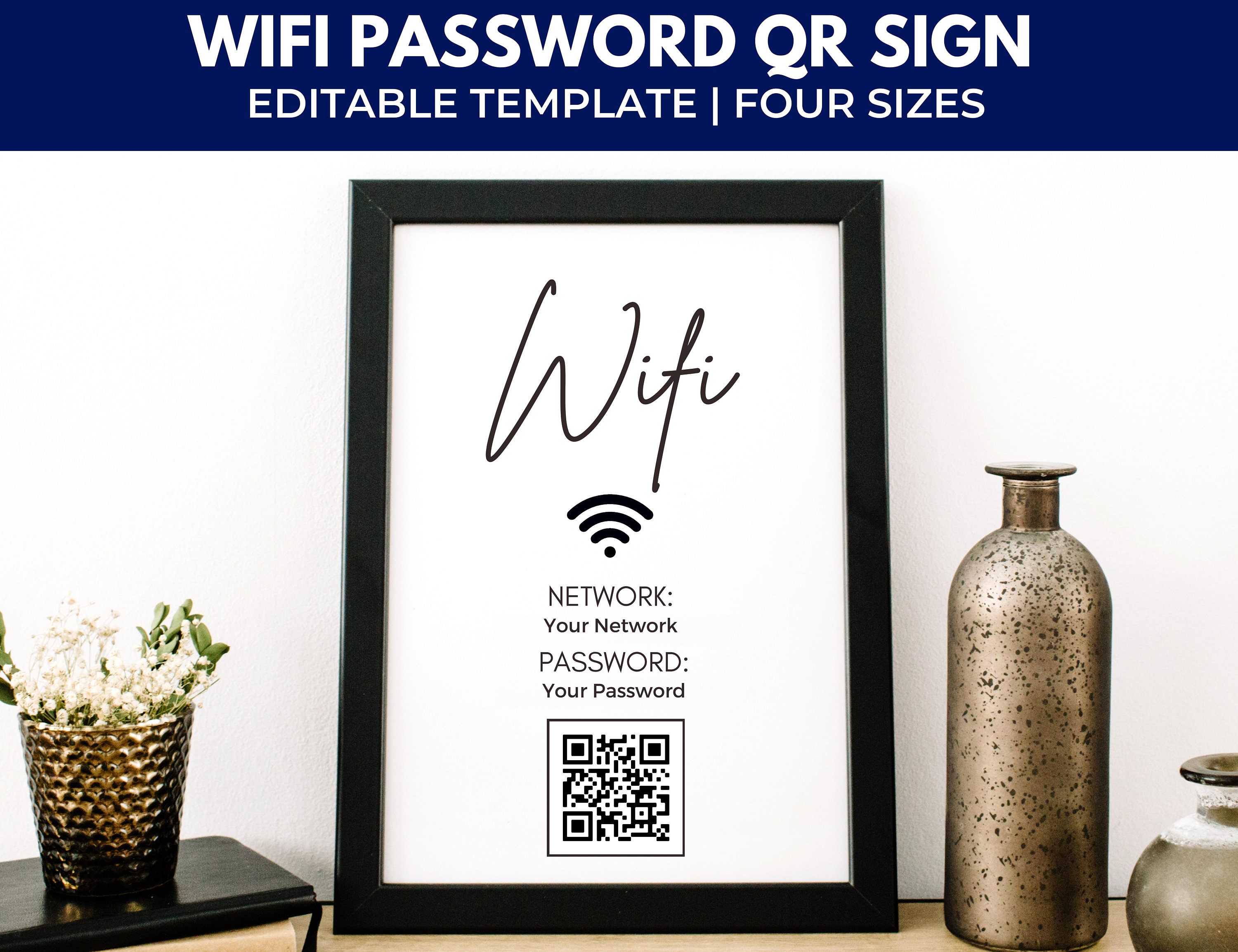 Wifi Password QR Sign, Printable Wifi Sign, Wifi Network Sign, QR Code ...