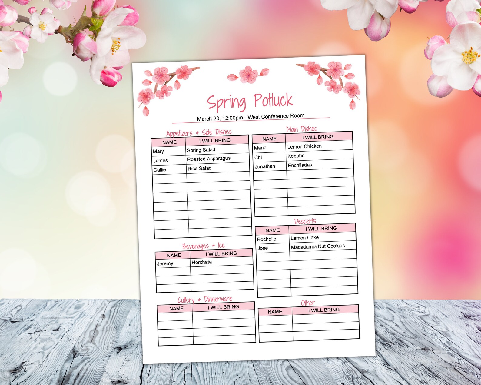 Spring Potluck Sign up Sheet Printable, Food Sign up Sheet, Spring ...