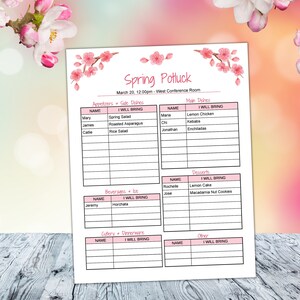 Spring Potluck Sign up Sheet Printable, Food Sign up Sheet, Spring ...