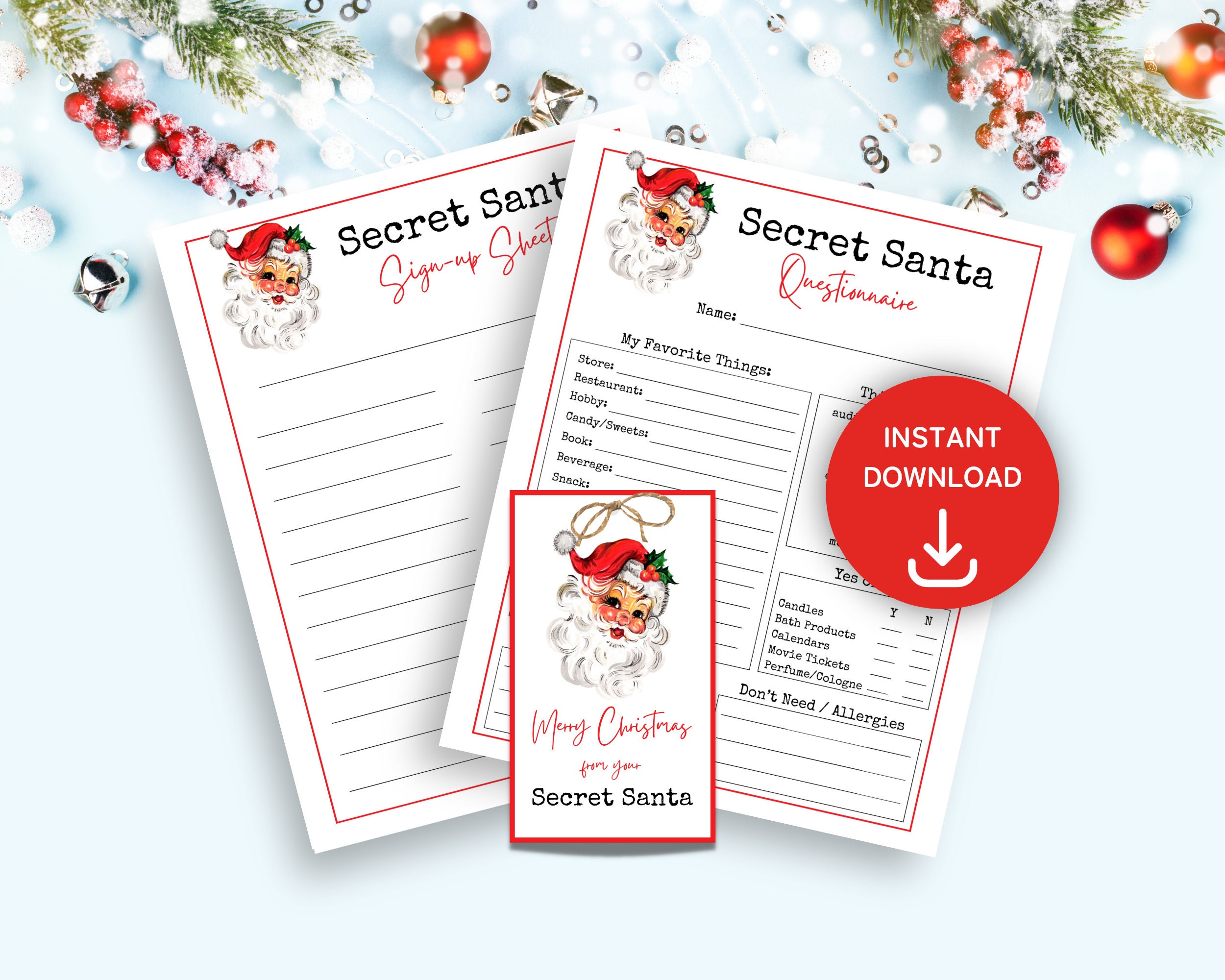 Secret Santa Questionnaire Bundle, Printable Secret Santa Gift Exchange ...