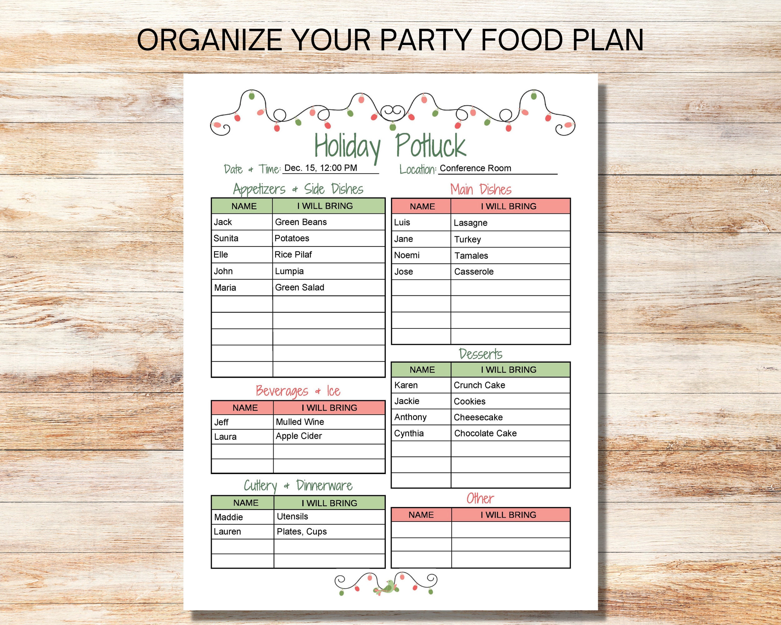 Christmas Potluck Sign up Sheet Printable, Food Sign up Sheet ...