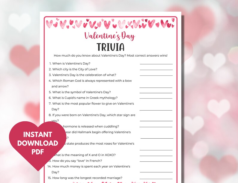 Valentines Day Trivia Game Printable Valentines Day Party - Etsy