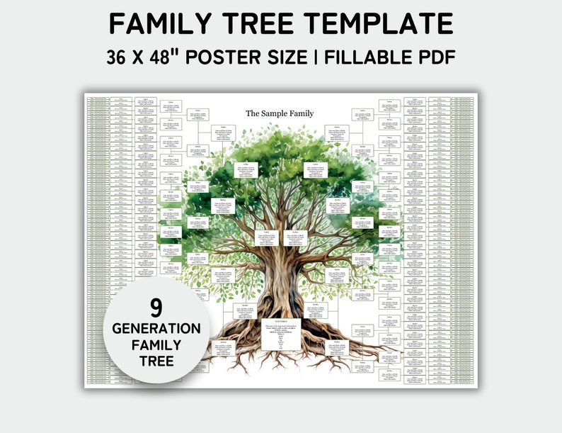 Family Tree Template 9 Generation, Family Tree Chart, 36x48" Poster ...