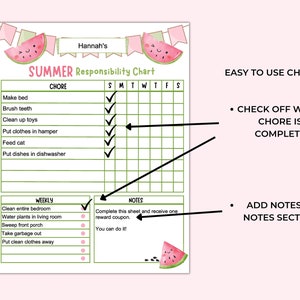 Summer Chore Chart for Kids, Printable Responsibility Chart, Reward ...