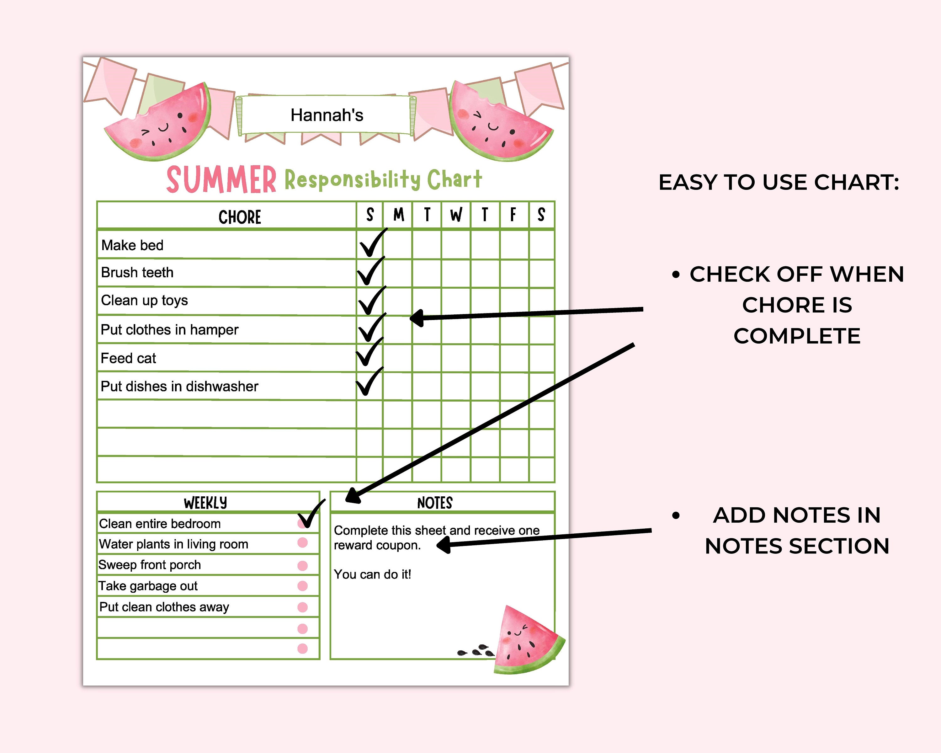 Summer Chore Chart for Kids, Printable Responsibility Chart, Reward ...