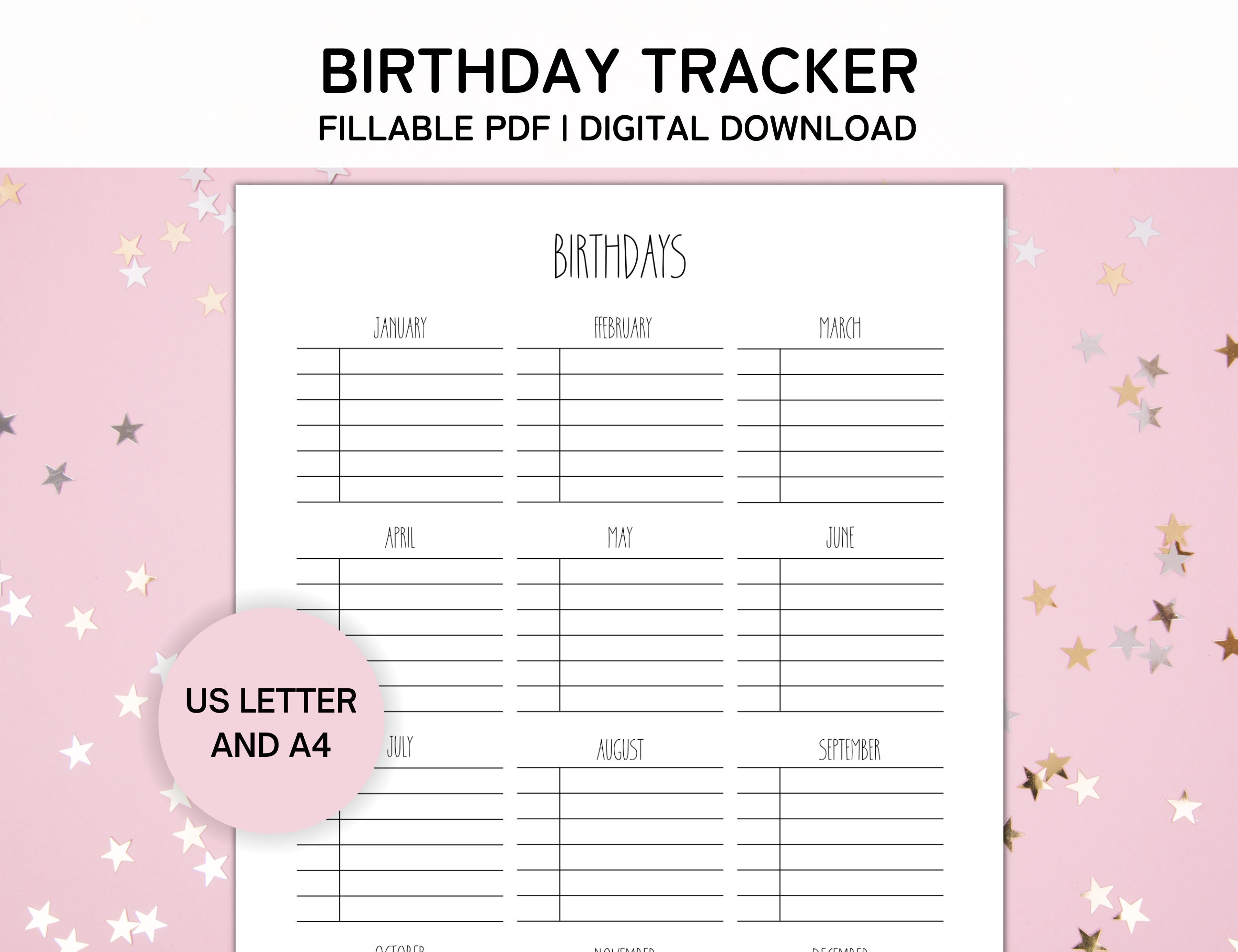 Birthday Tracker Printable Birthday Calendar Editable PDF - Etsy