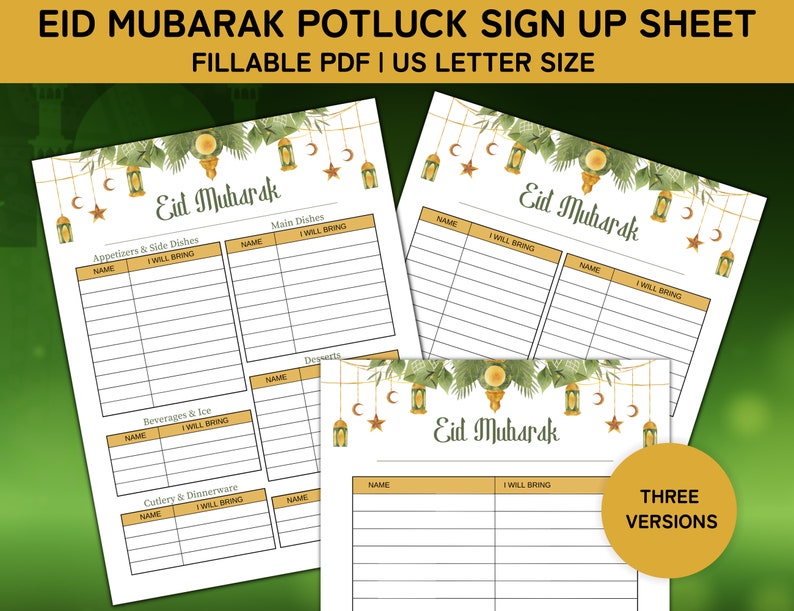 Eid Mubarak Potluck Sign up Sheet Printable Food Sign up - Etsy