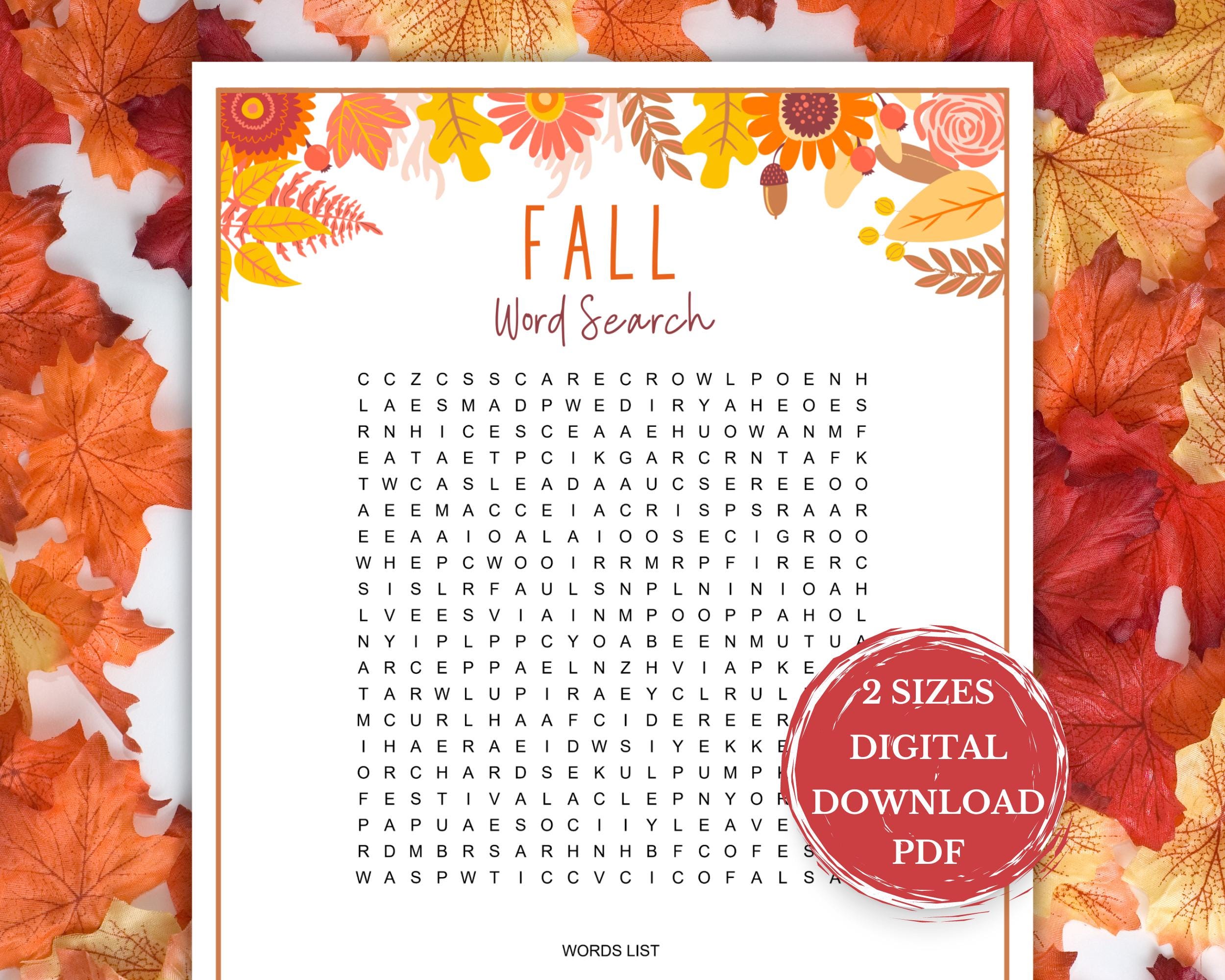 Fall Word Search Game, Printable Word Game, Autumn Word Search Puzzle ...