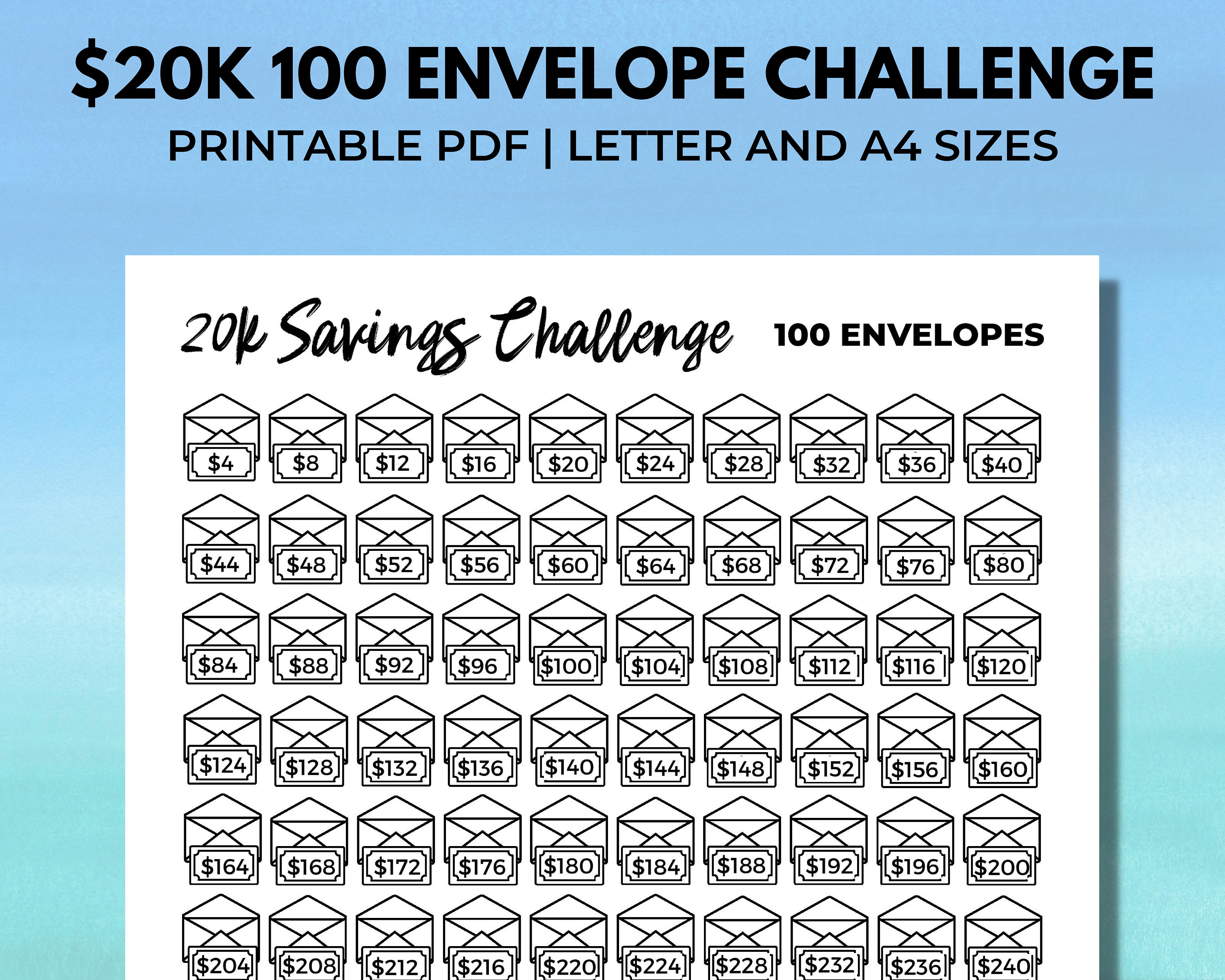 20K 100 Envelope Savings Challenge, Printable 20K Savings Tracker, PDF ...