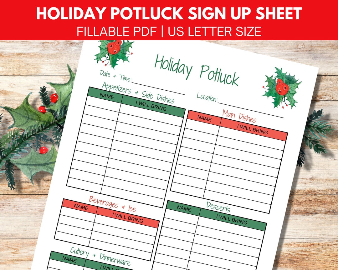 Christmas Potluck Sign up Sheet Printable, Food Sign up Sheet ...