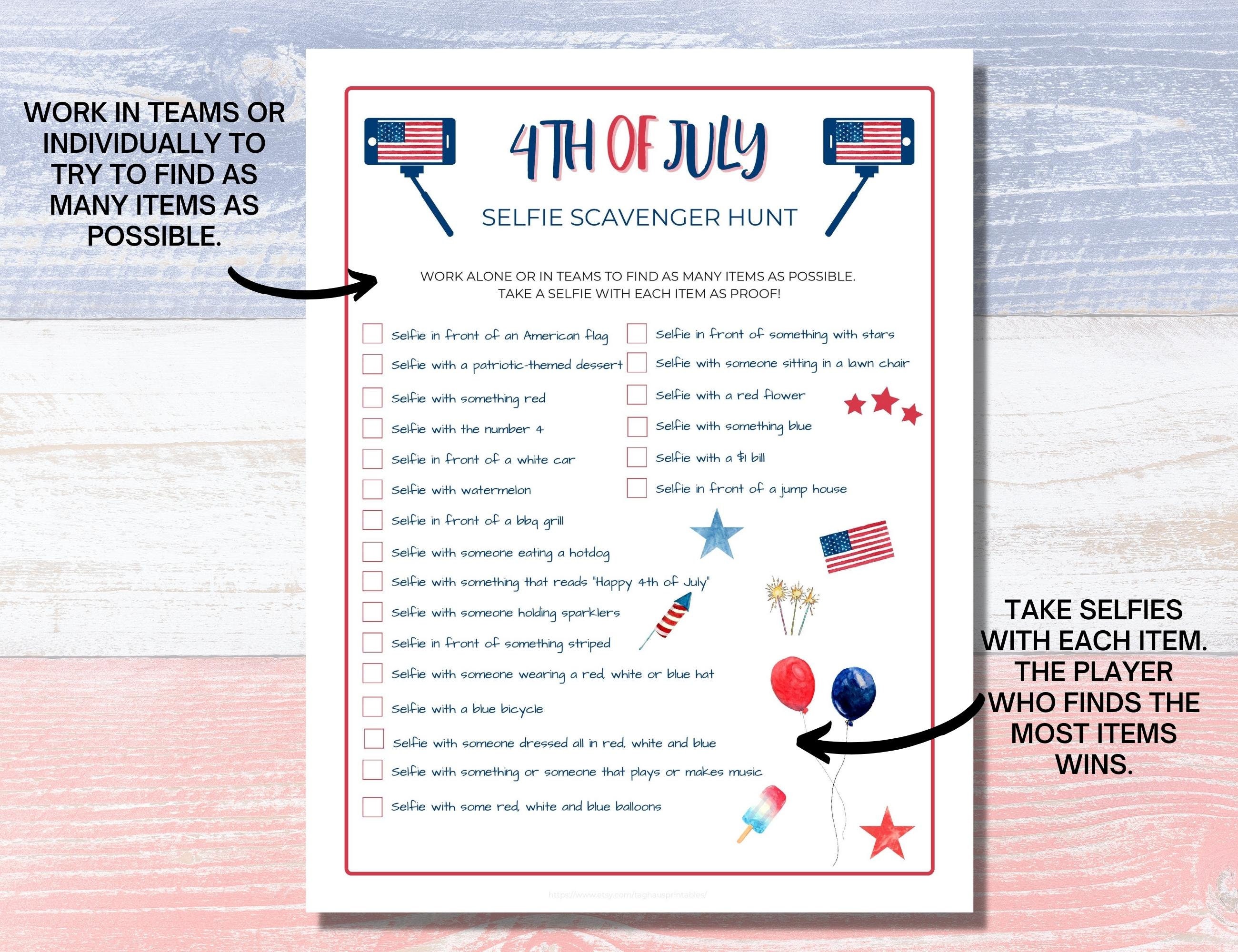 Fourth of July Selfie Scavenger Hunt, Printable 4th of July Party Game ...