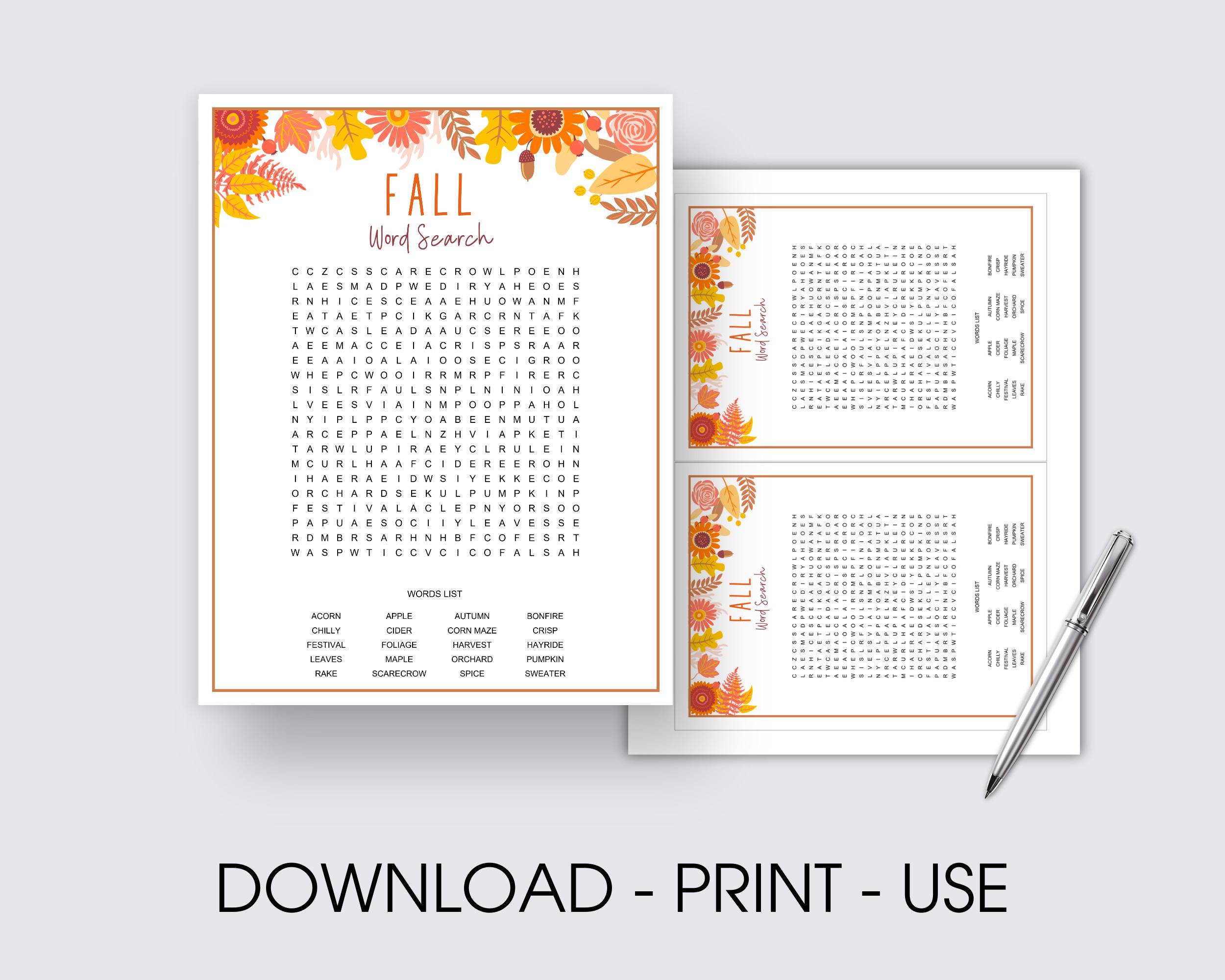 Fall Word Search Game, Printable Word Game, Autumn Word Search Puzzle ...