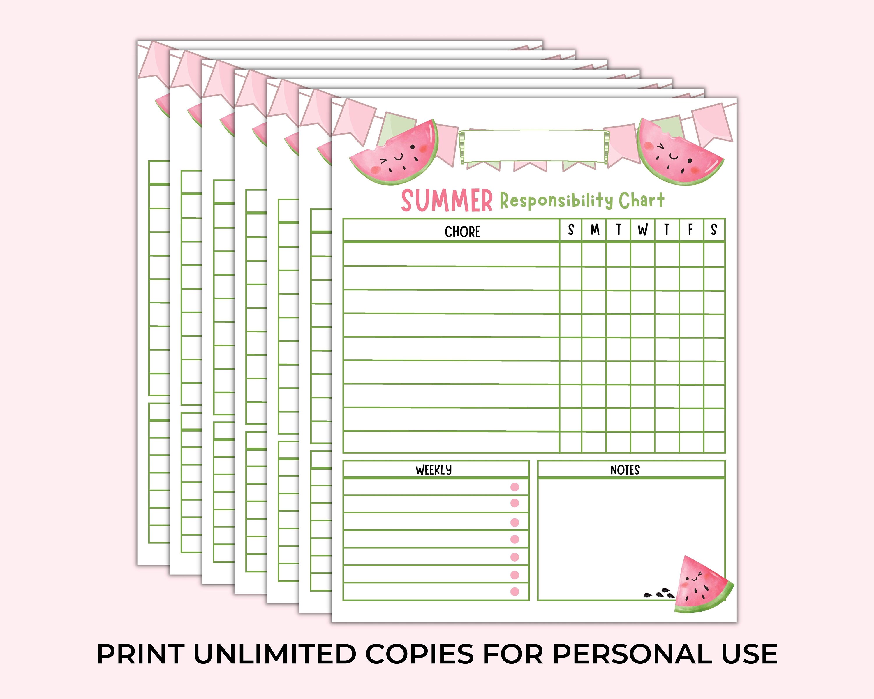 Summer Chore Chart for Kids, Printable Responsibility Chart, Reward ...