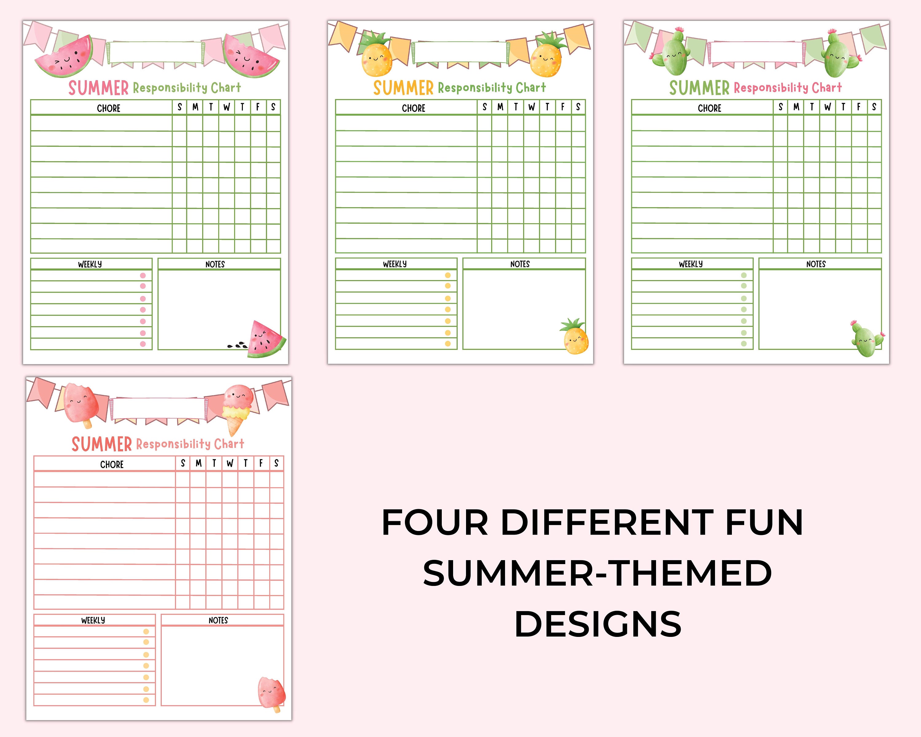 Summer Chore Chart for Kids, Printable Responsibility Chart, Reward ...