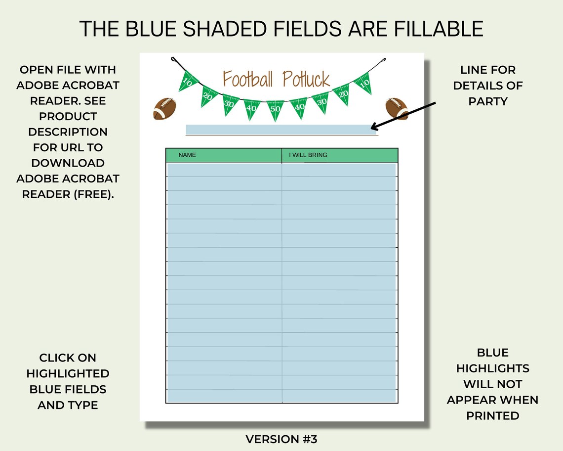 Football Party Potluck Sign up Sheet Printable, Food Sign up Sheet ...