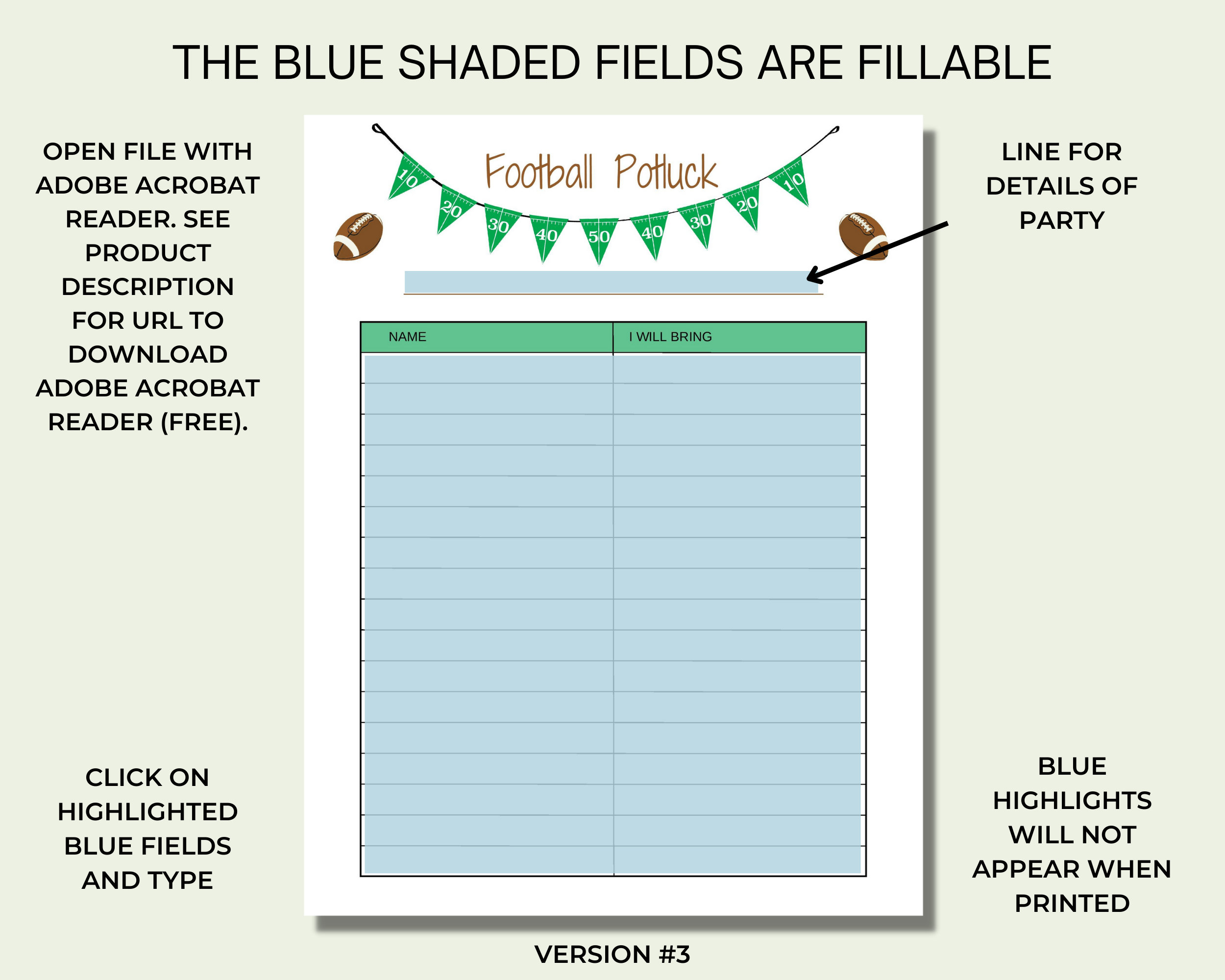 Football Party Potluck Sign up Sheet Printable, Food Sign up Sheet ...